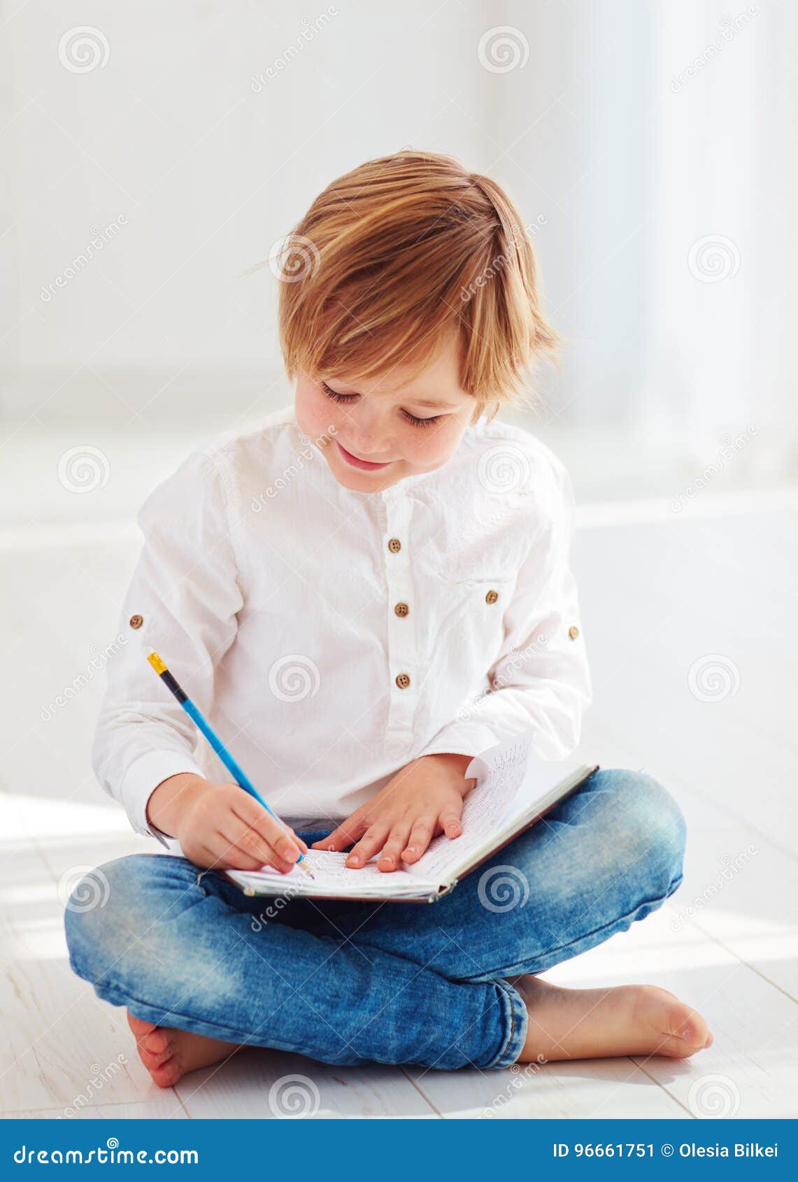 Cute Kid, Boy Making Notes in Diary at Sunny Day Stock Image - Image of ...