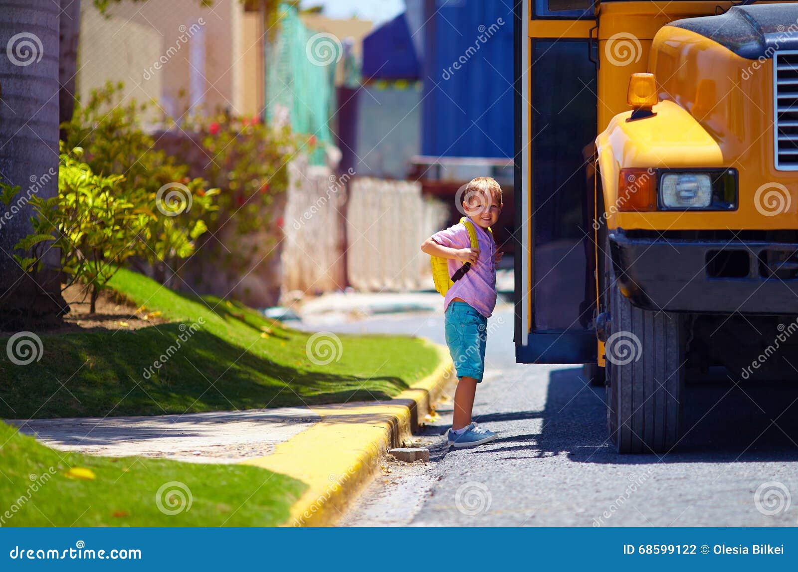 Cute Kid is Getting on the Bus, Ready To Go To School Stock Photo ...