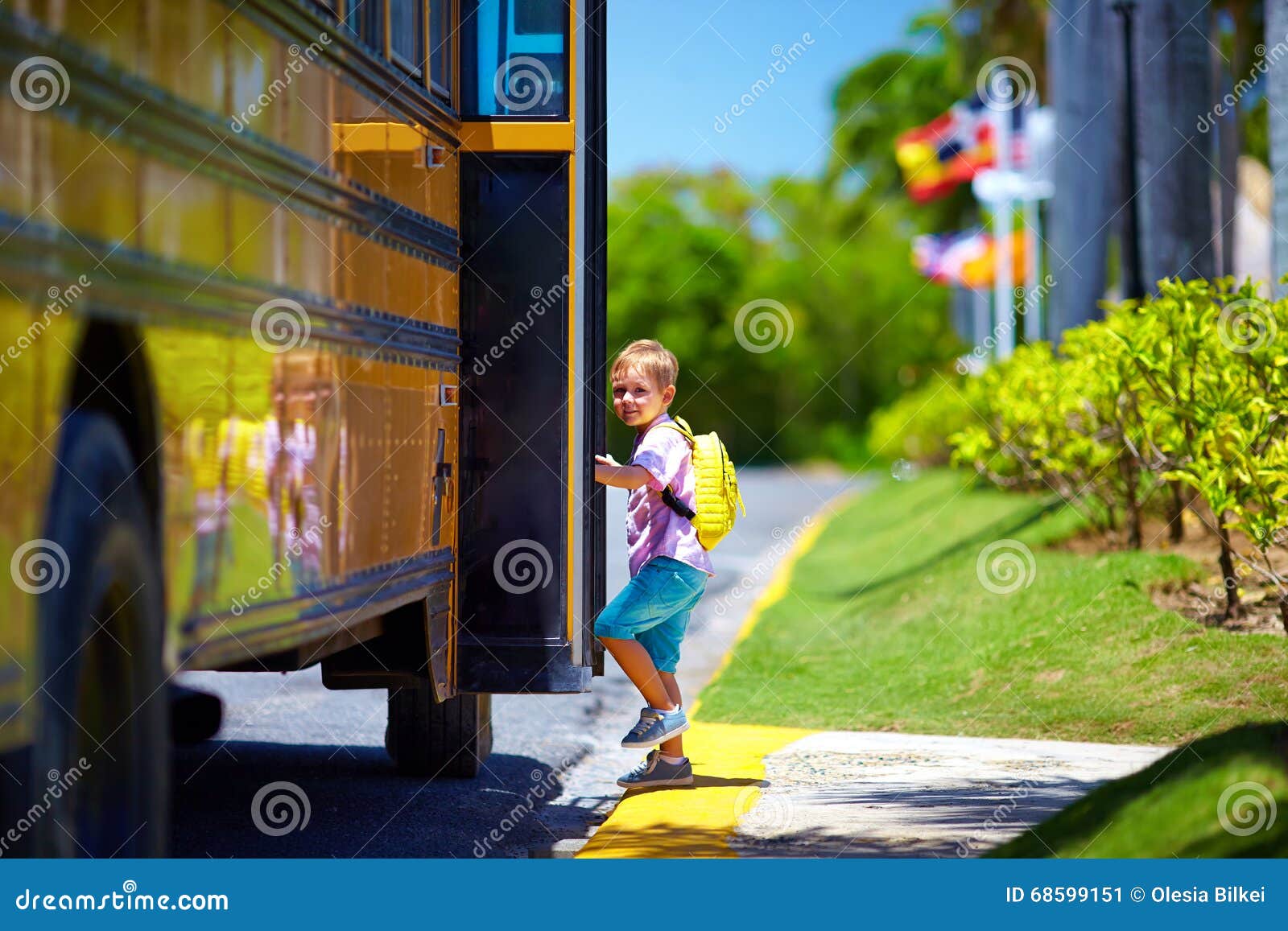 Cute Kid is Getting on the Bus, Ready To Go To School Stock Image ...