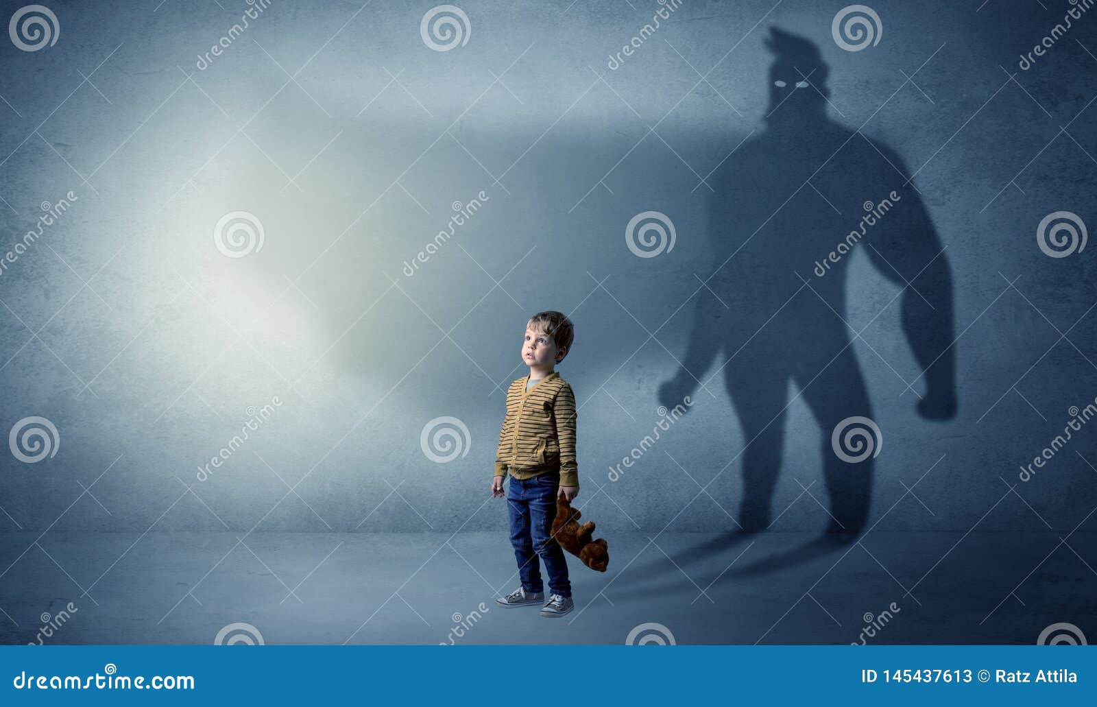 Cute Kid with Hero Shadow Behind Stock Image - Image of harmless, plush ...