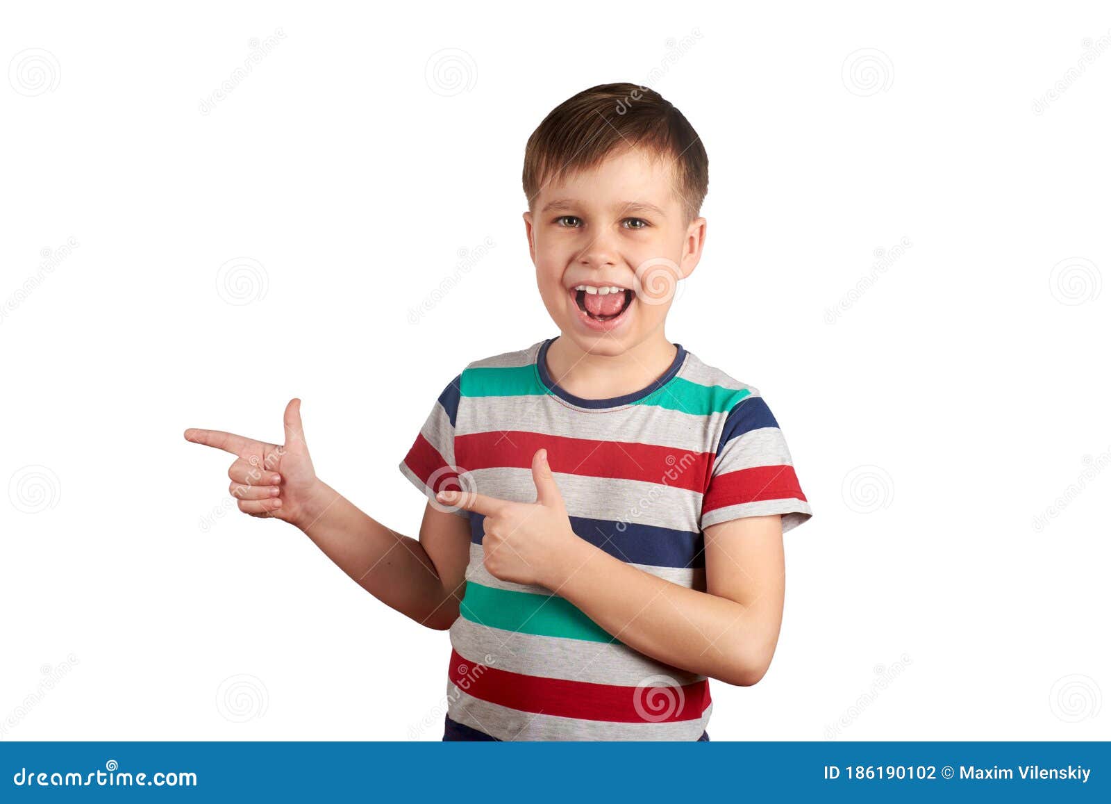 Cute Kid Pointing With His Finger On Something, Isolated On White ...
