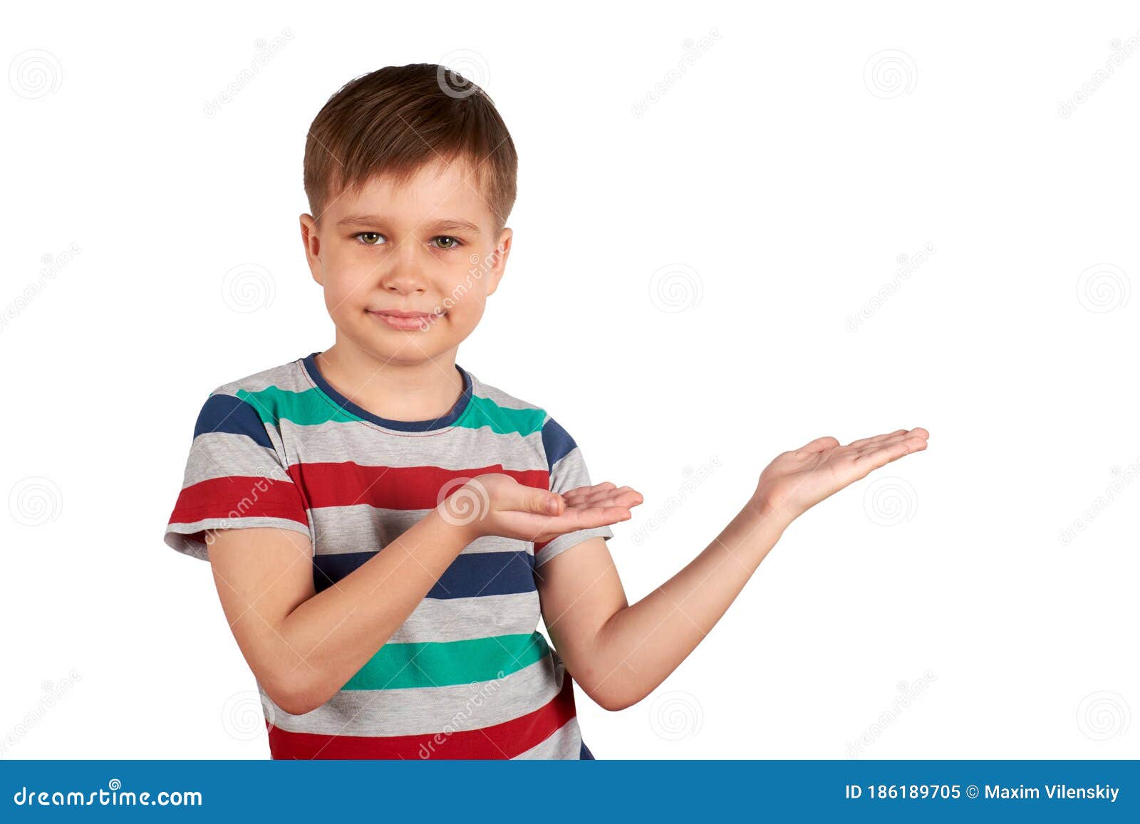 Cute Kid Presents Something, Isolated on White Background. Copy Space ...