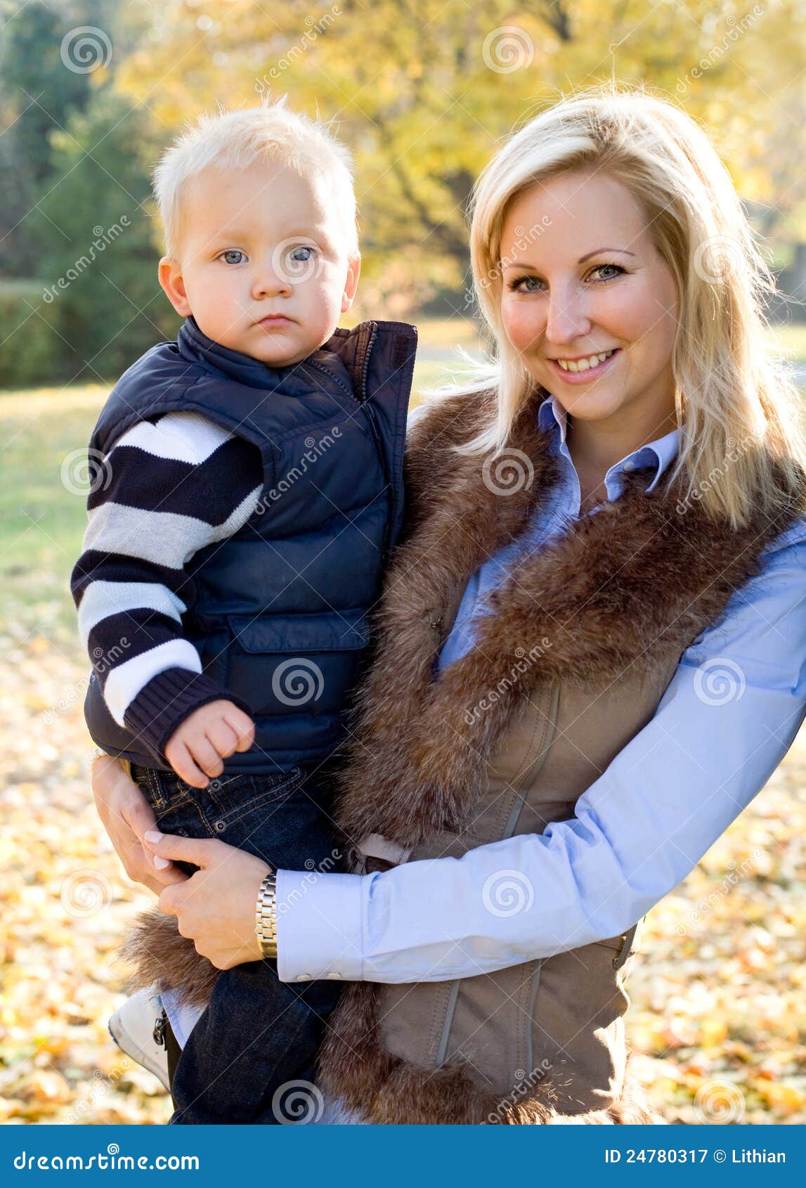 Cute Kid and Pretty Mom Outdoors at Fall. Stock Image - Image of ...