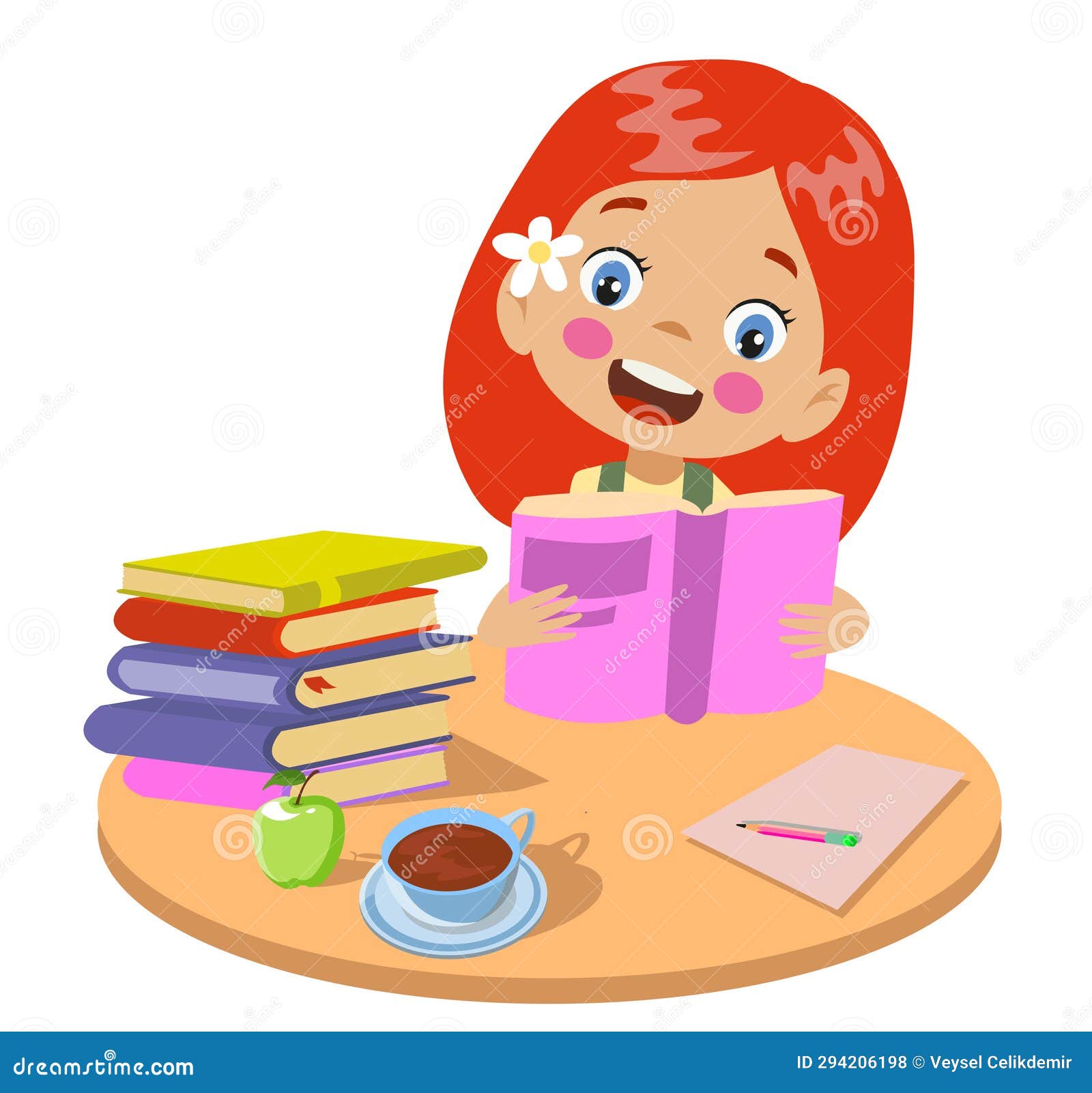 Cute Kid Reading a Book at the Round Table Stock Illustration ...