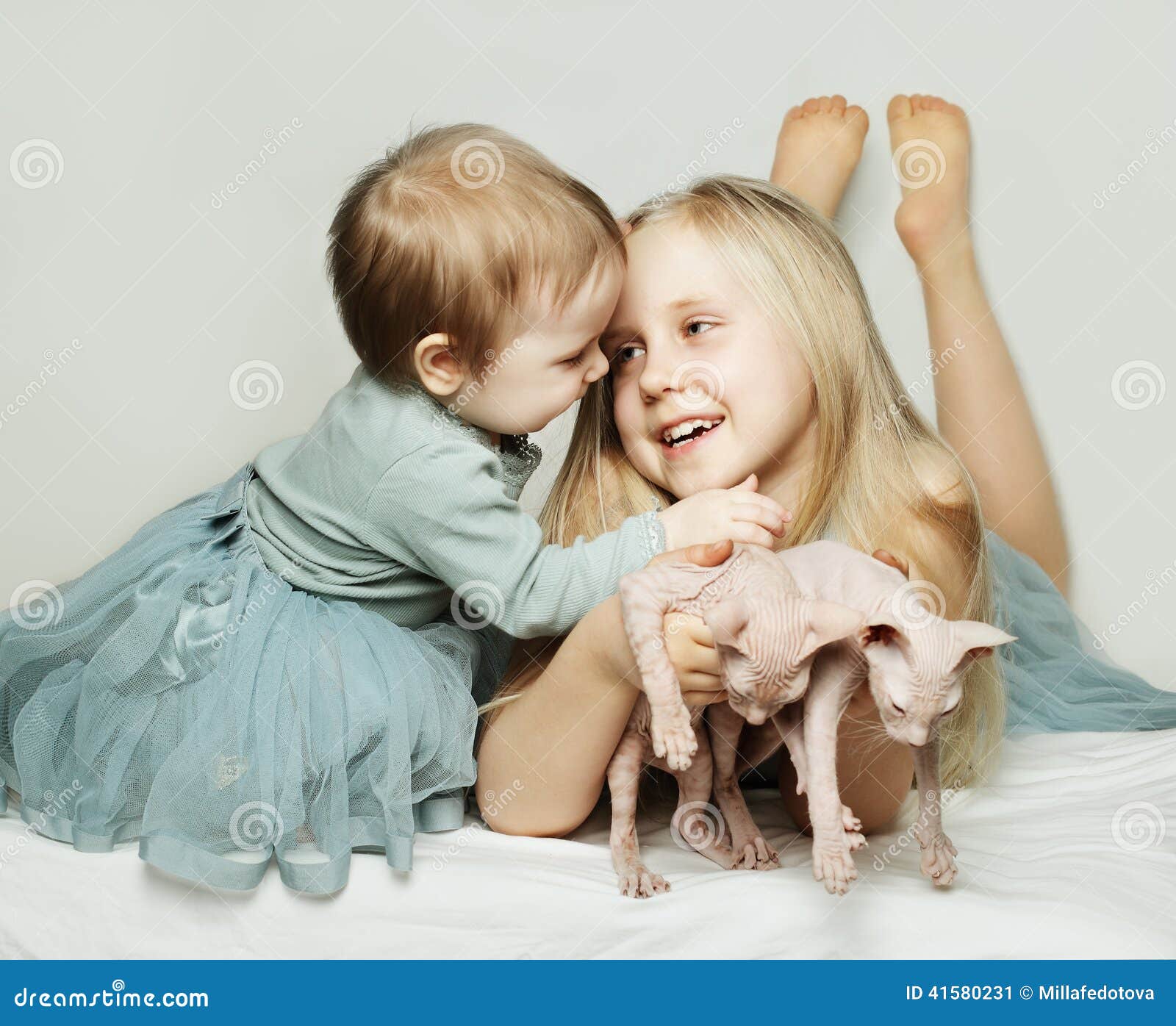 Cute kids and cats stock image. Image of happiness, blue - 41580231