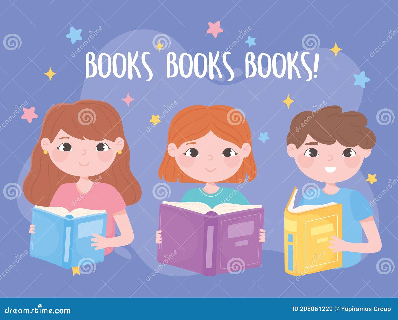 Cute Kids with Open Books Learn Read and Study Education Cartoon Stock ...