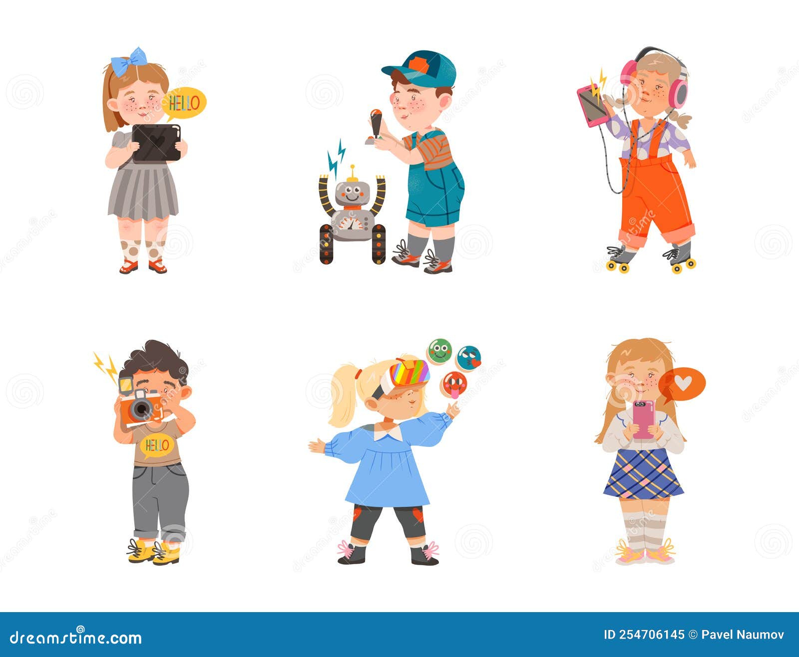 Cute Kids Using Smart Mobile Gadget and Electronic Device Vector Set ...
