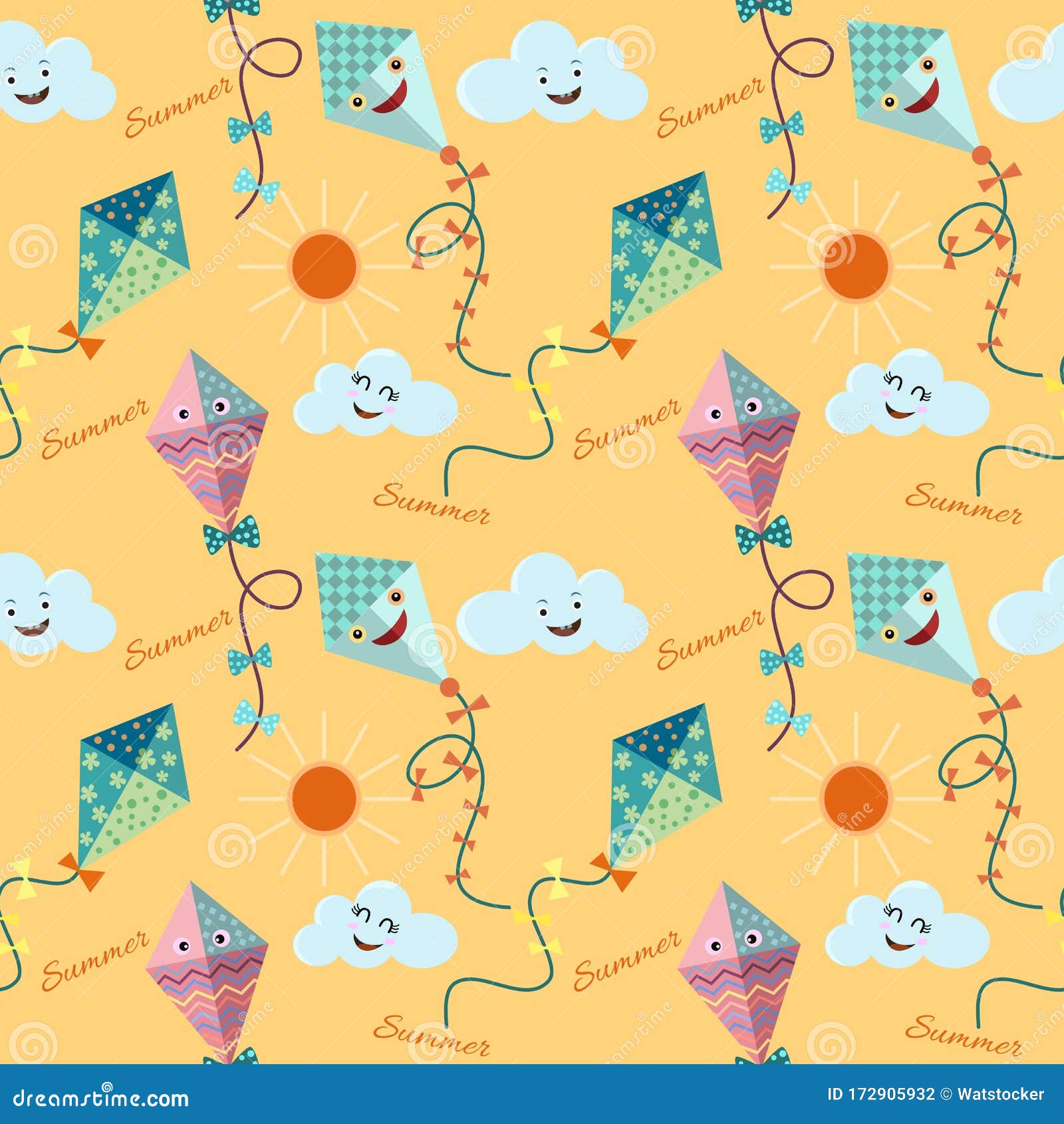 Cute Kite with Cloud and Sun Vector Design Seamless Pattern. Stock ...
