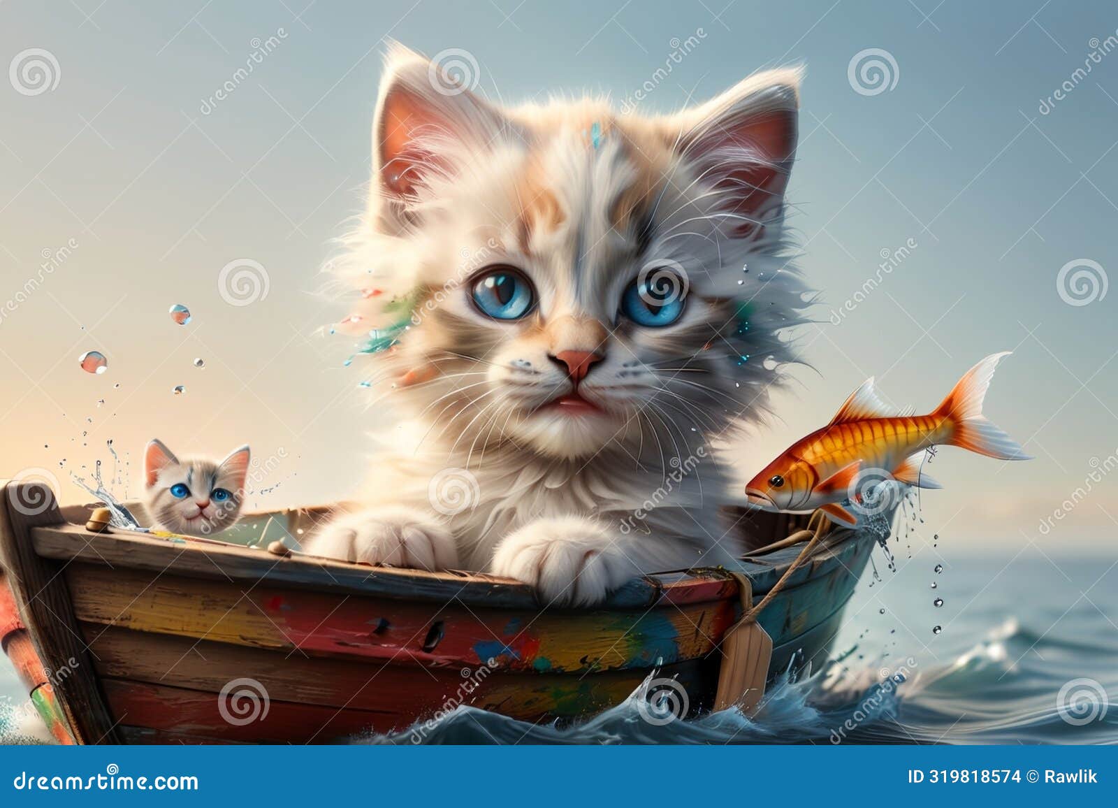 Cute Kitten in a Boat on the Sea with Fish Stock Photo - Image of fish ...