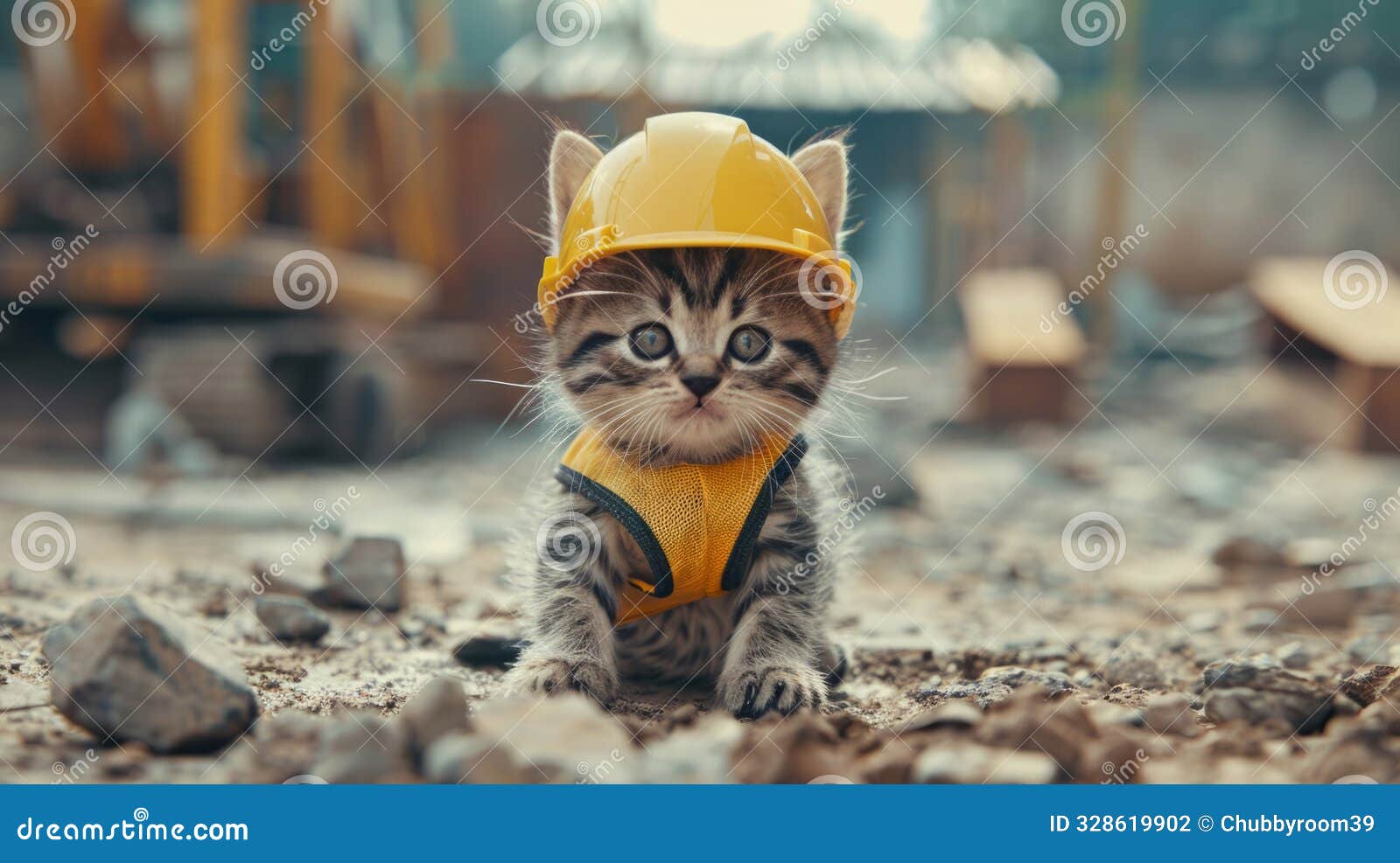 A Cute Kitten in a Builder Outfit at a Construction Site with a Safety ...