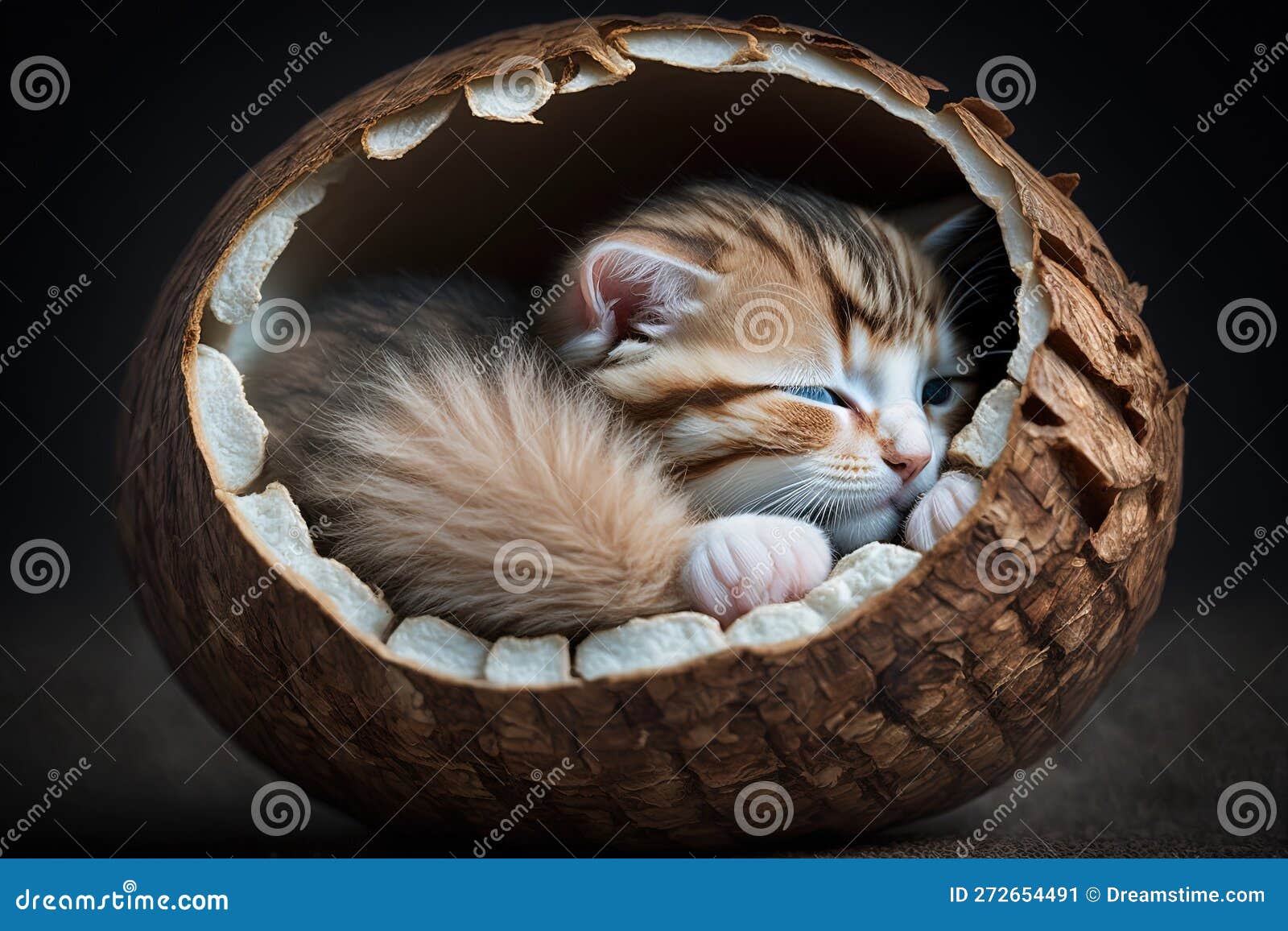 Cute Kitten Cat Sleeping Inside Half Coconut Nut Illustration ...