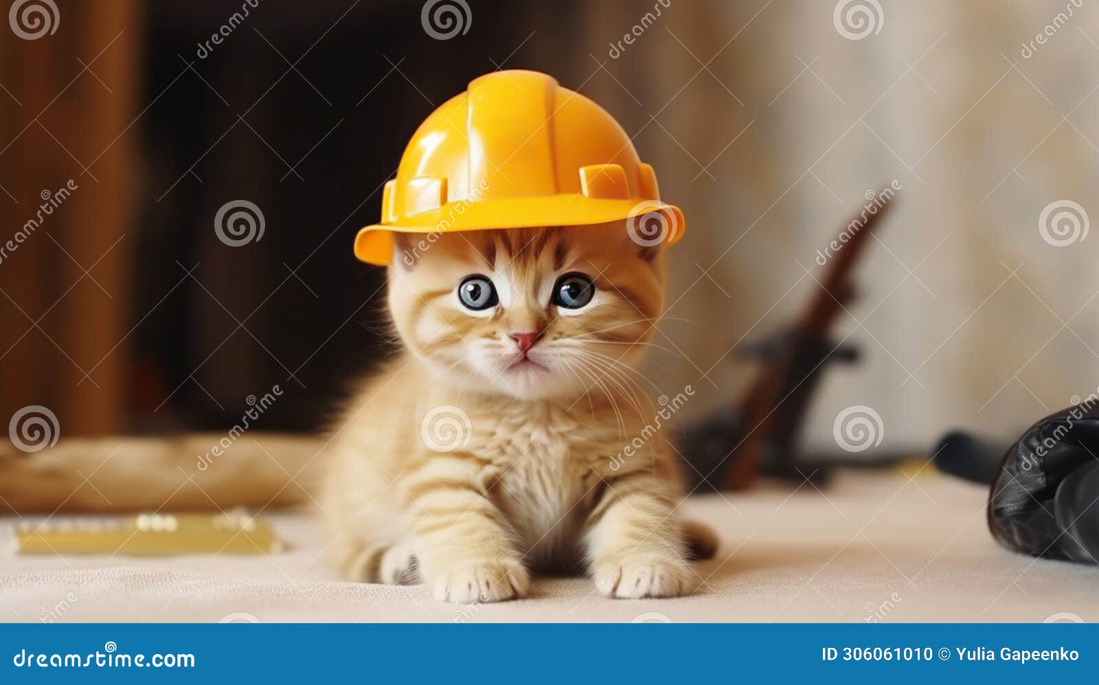 Cute Kitten in Construction Safety Hat Stock Photo - Image of cute ...