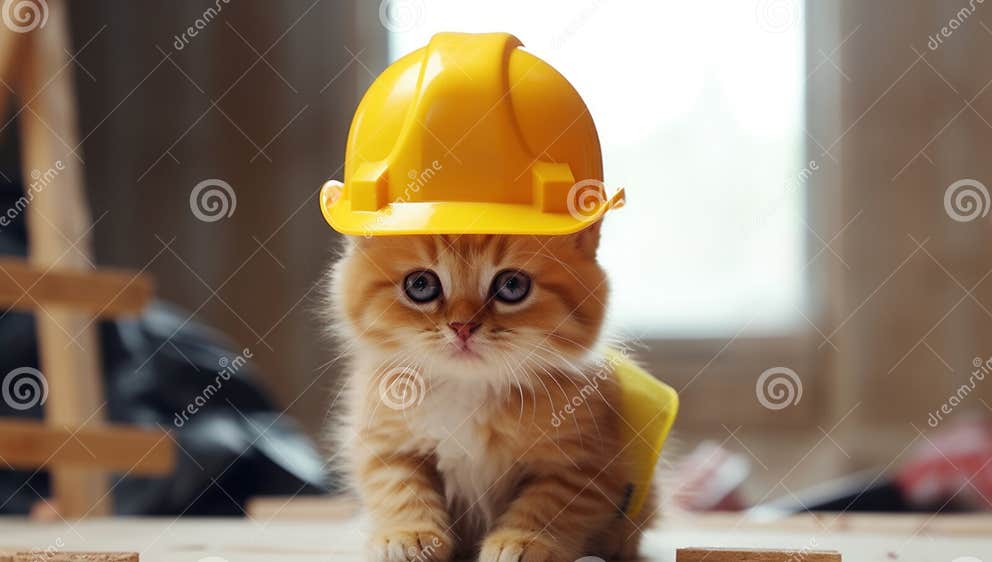 Cute Kitten in Construction Safety Hat Stock Image - Image of kitten ...