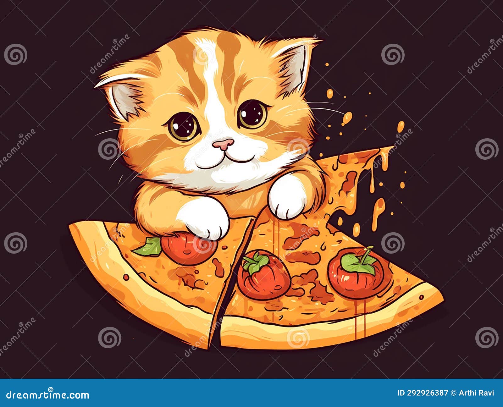 Cute kitten eating pizza stock illustration. Illustration of animal ...