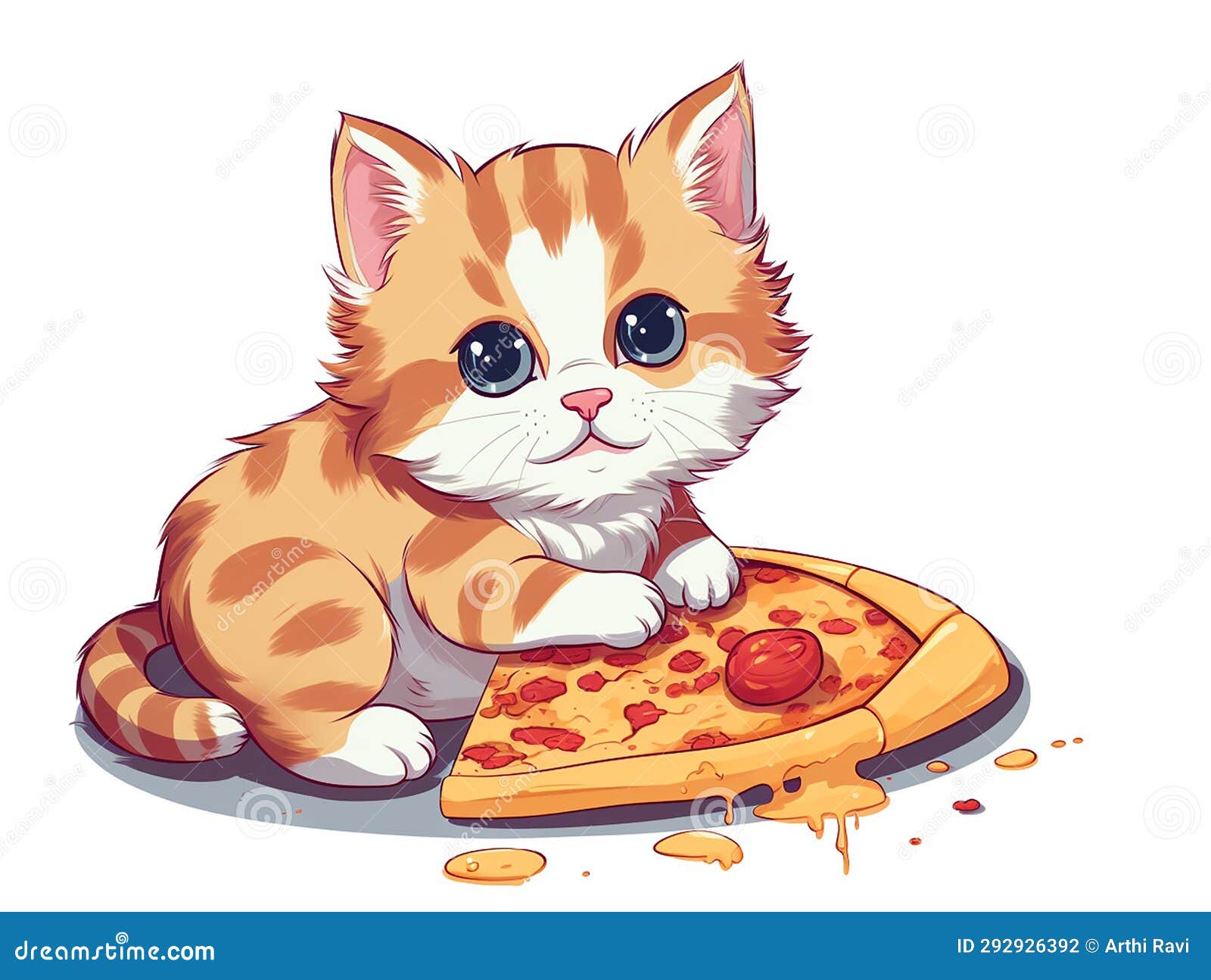 Cute kitten eating pizza stock illustration. Illustration of suitable ...