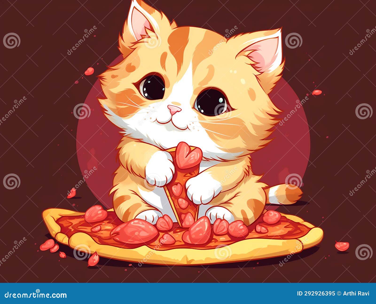 Cute kitten eating pizza stock illustration. Illustration of kitten ...