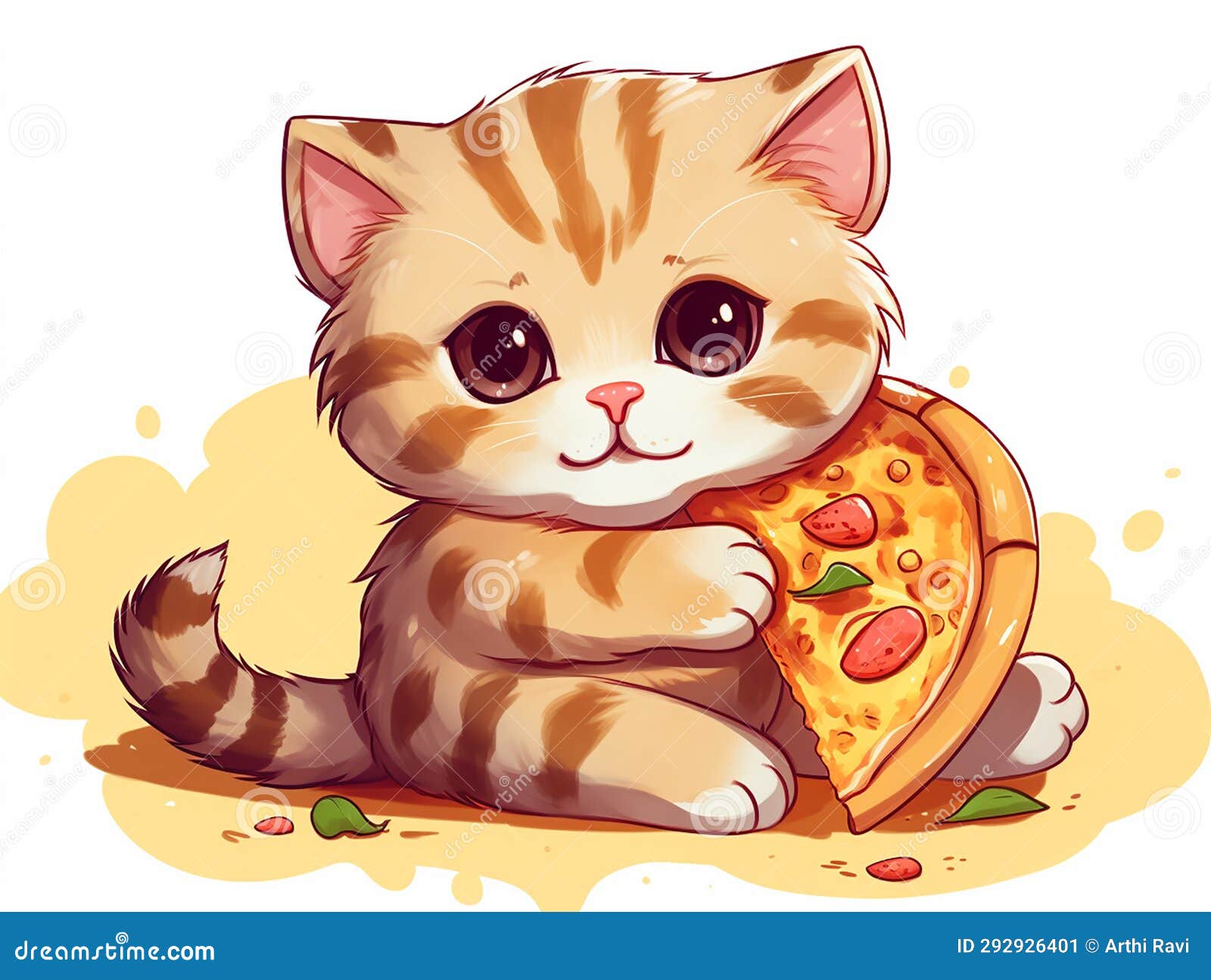 Cute kitten eating pizza stock illustration. Illustration of font ...