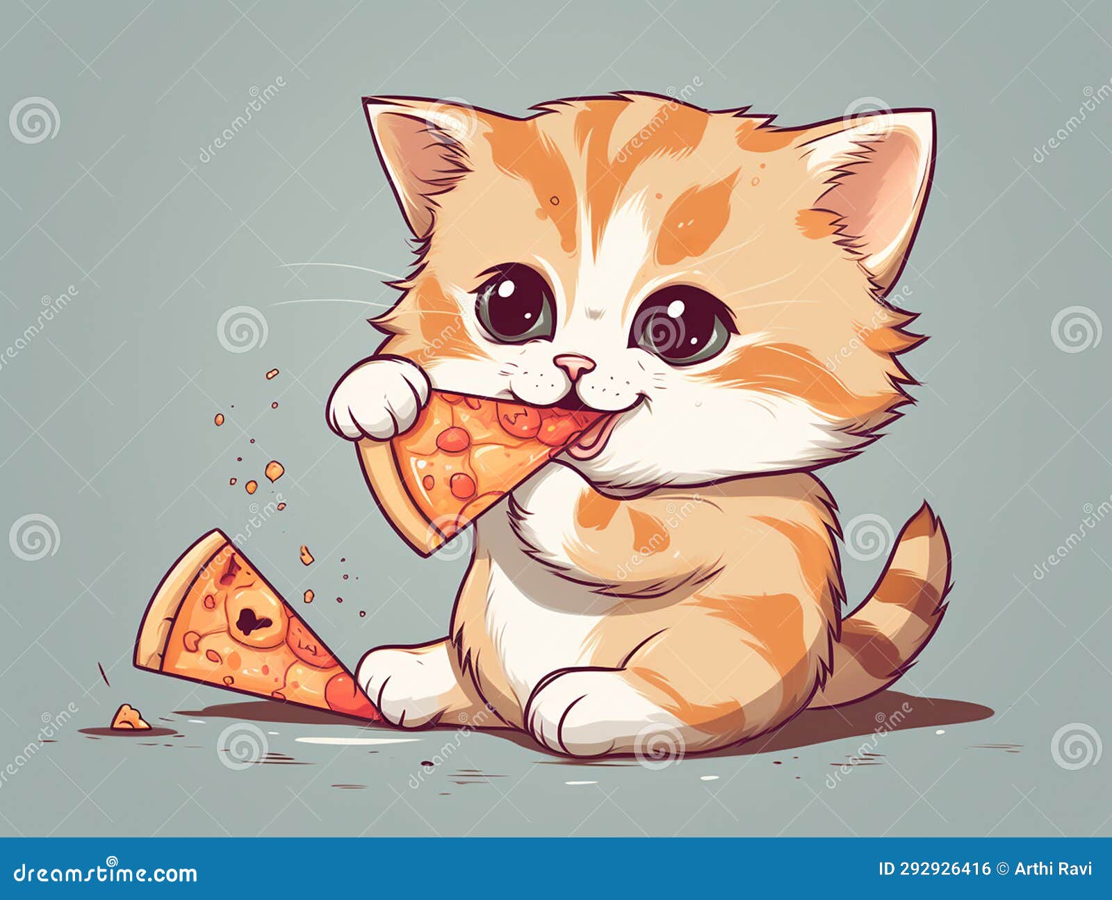 Cute kitten eating pizza stock illustration. Illustration of cute ...