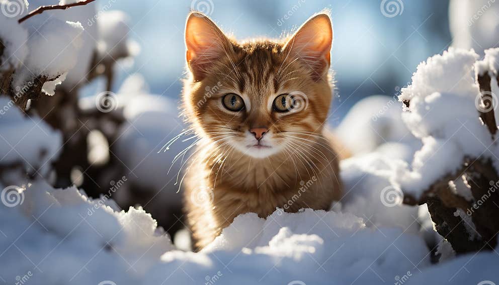Cute Kitten Playing in Snow, Staring at Camera with Blue Eyes Generated ...