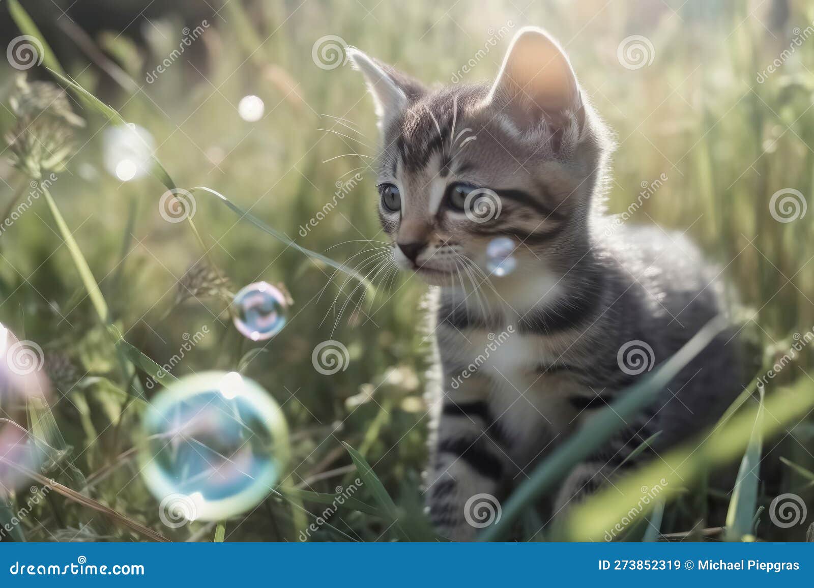 A Cute Kitten Plays with Soap Bubbles in the Flat Grass Created with Generative AI Technology ...