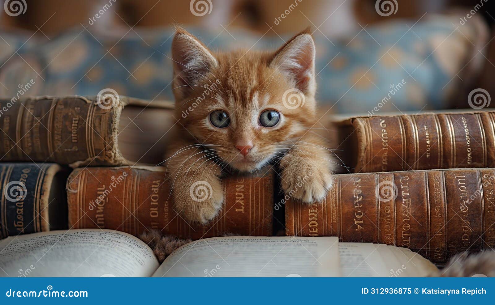Cute kitten reading a book stock image. Image of apartment - 312936875