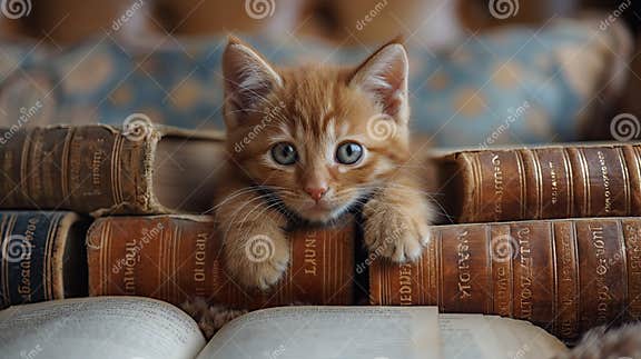 Cute kitten reading a book stock image. Image of apartment - 312936875