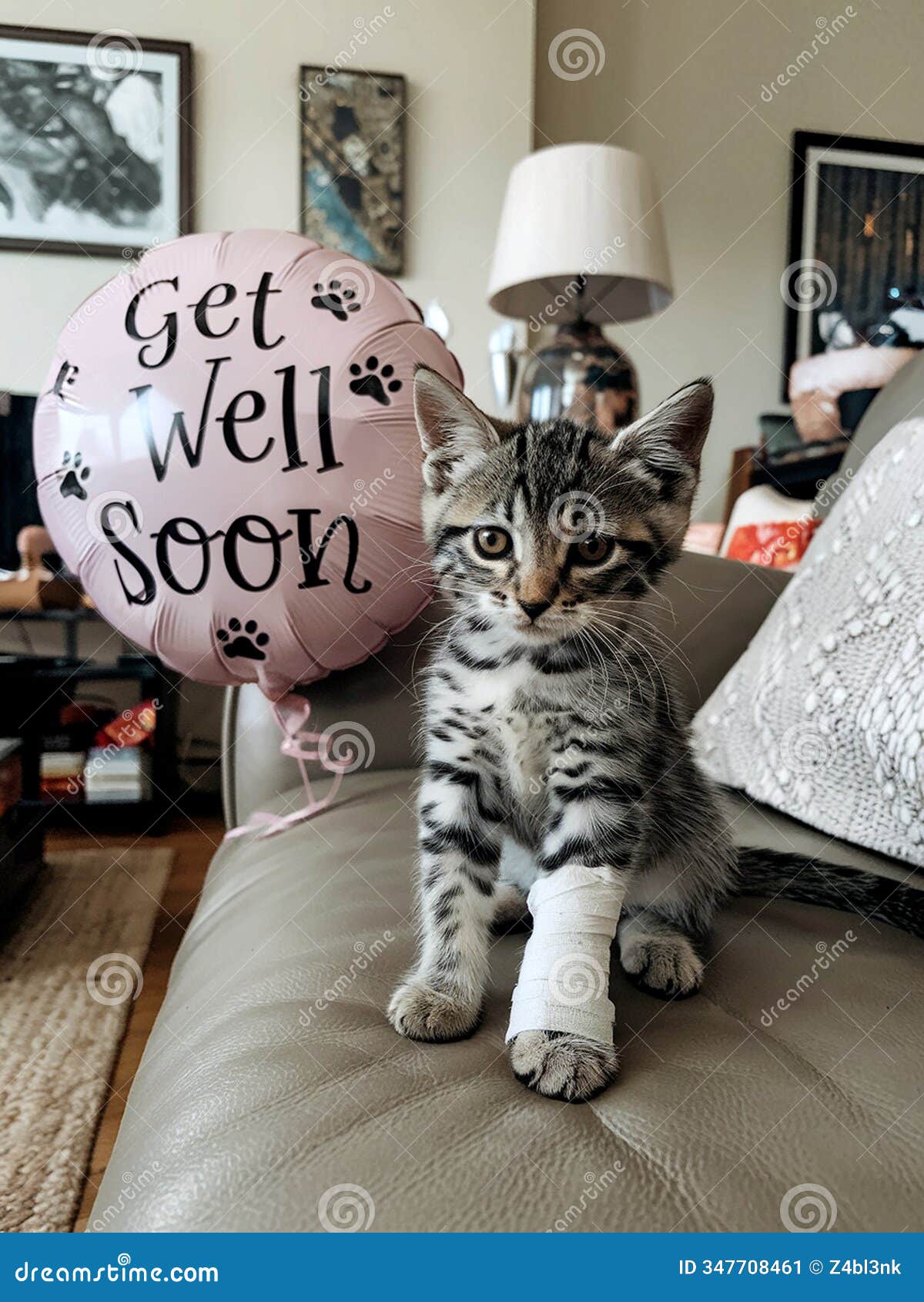 Cute Kitten Sick with Get Well Soon Balloon Stock Illustration ...