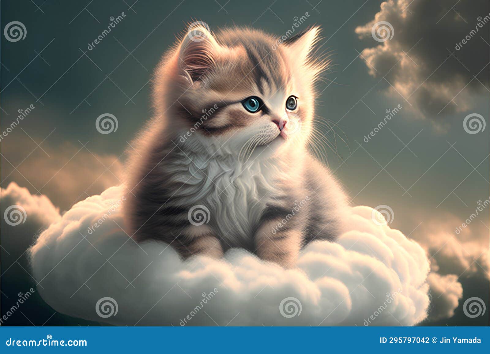 Cute Kitten Sitting on a Cloud in the Sky with Clouds. Stock ...