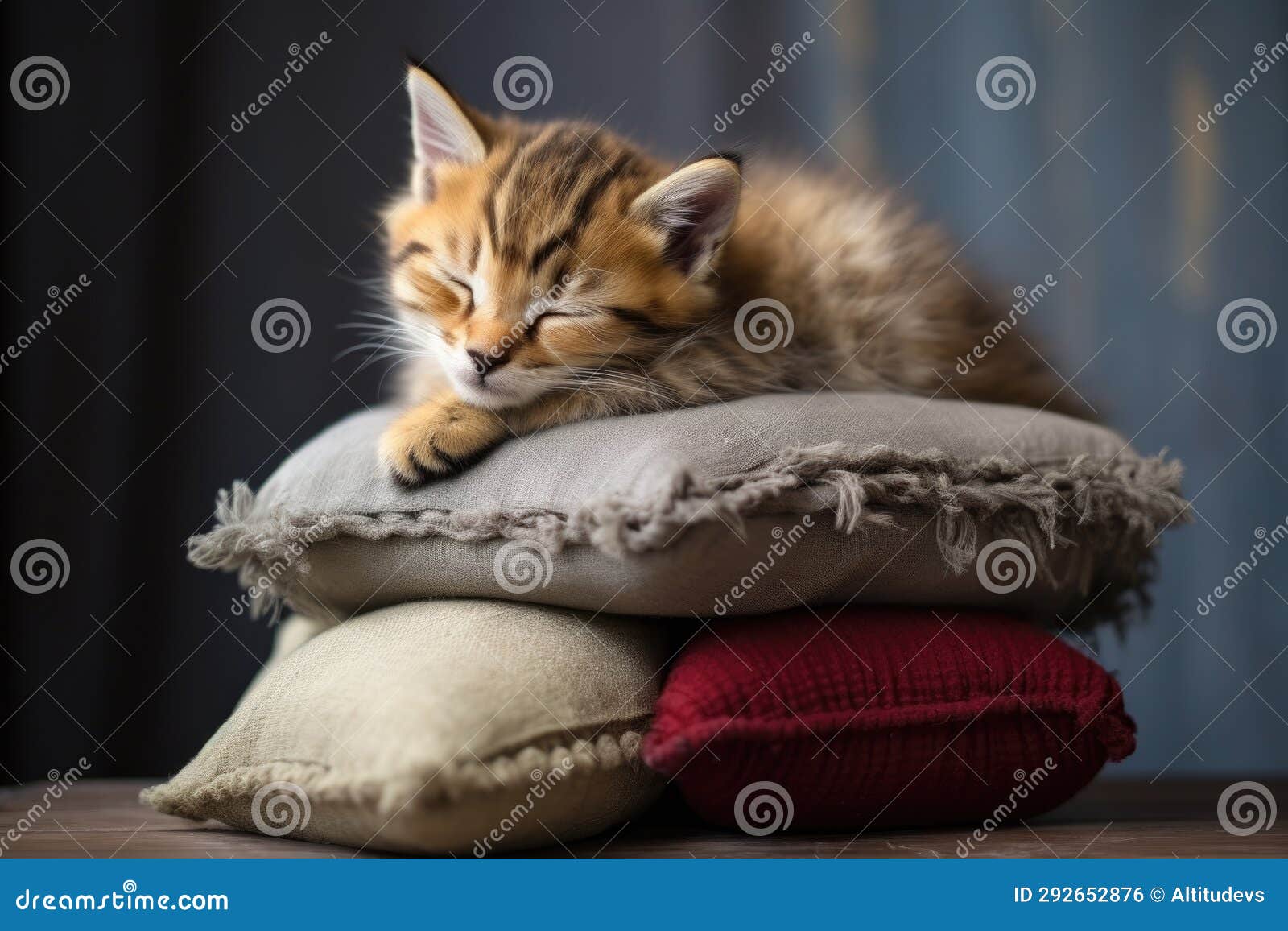 A Cute Kitten Sleeping Peacefully on a Pile of Soft Cushions Stock ...