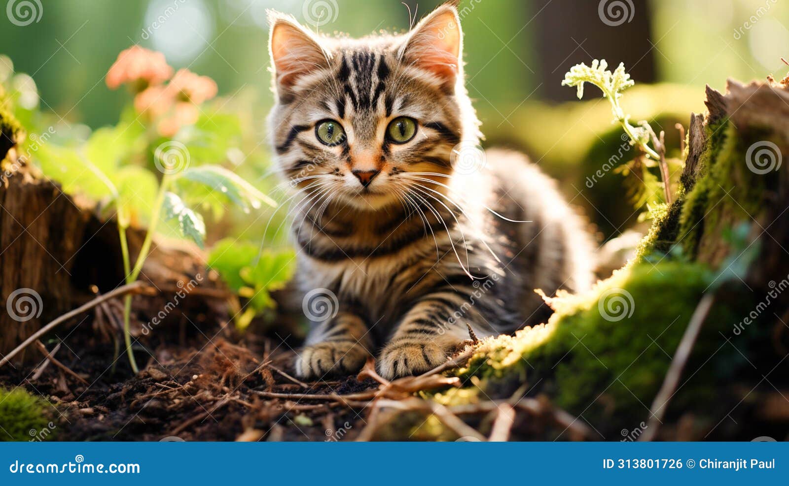 Cute Kitten with Striped Fur Sitting and Staring at Camera Stock Photo ...