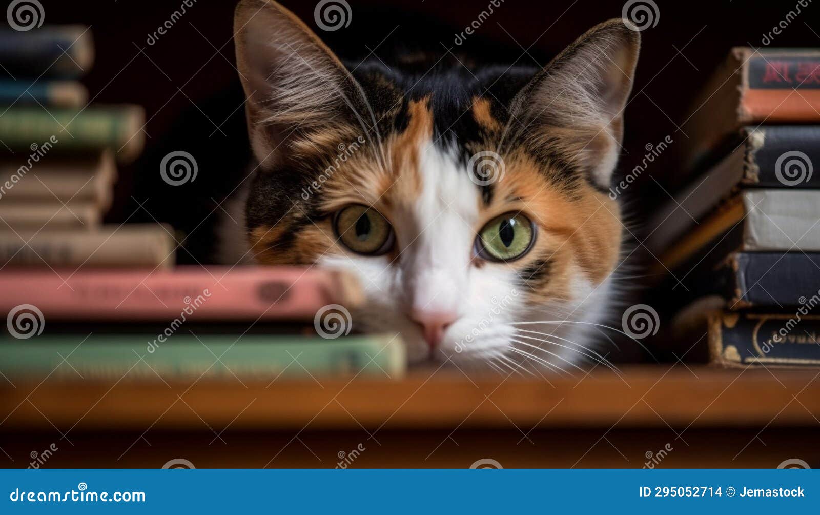 Cute Kitten Studying Literature in Library, Focusing on Bookshelf ...