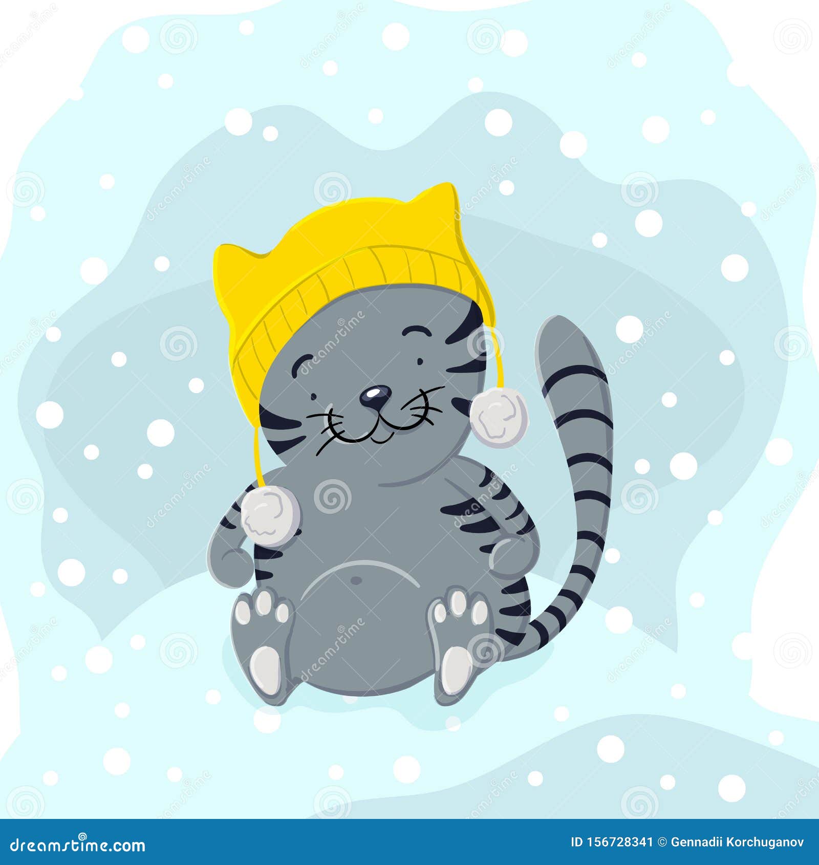Cute Kitten in Winter Hat Playing in the Snow Stock Vector ...