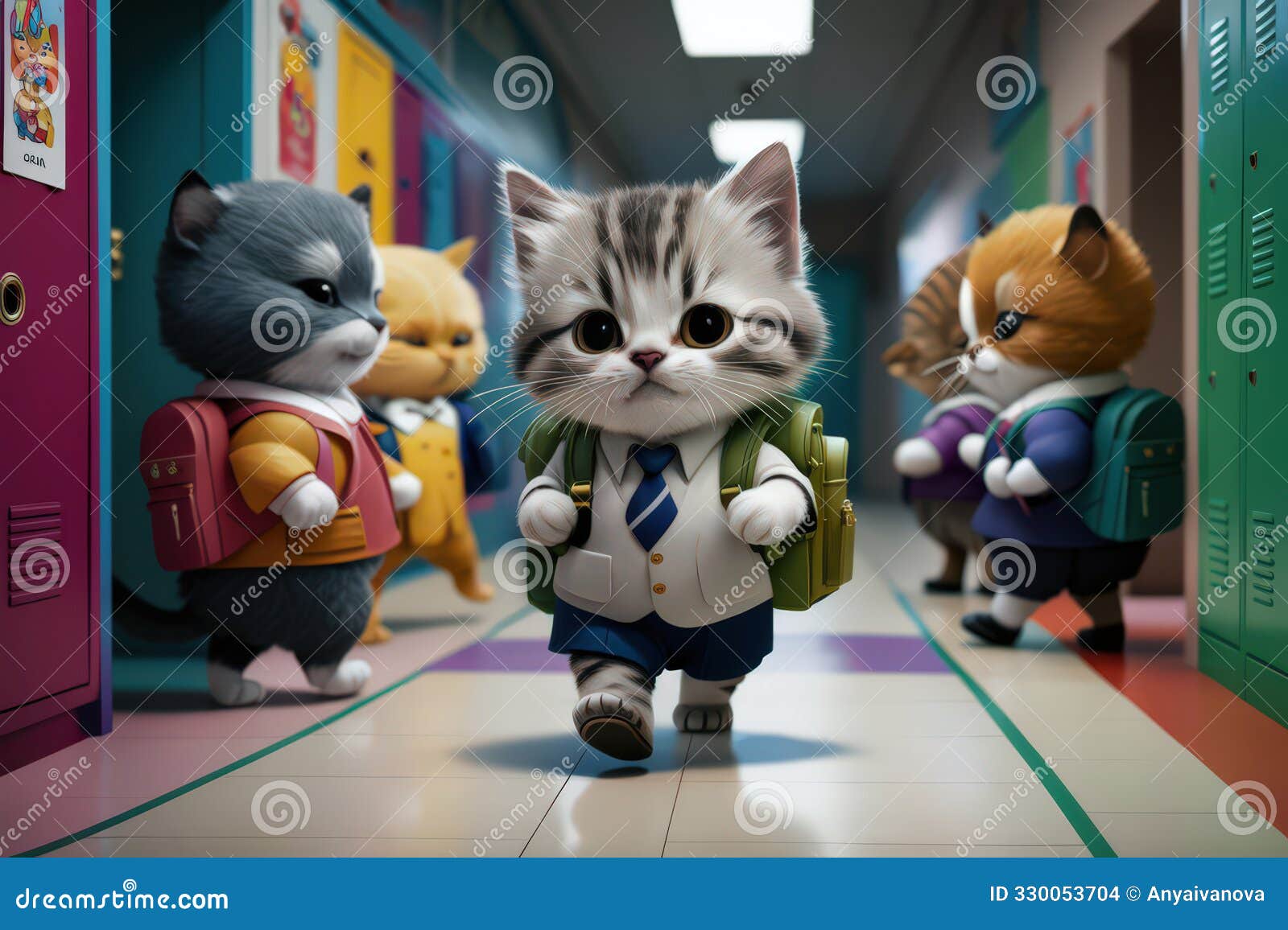 Cute Kittens in School Uniforms Walking through Colorful Hallway Stock ...