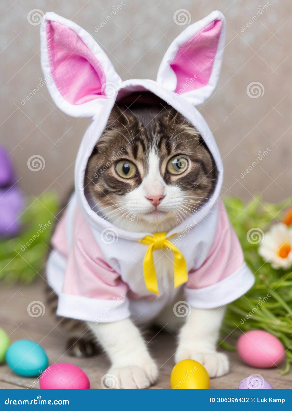 Cute Kitty Cat Dressed As Easter Bunny Amidst Easter Eggs Stock ...