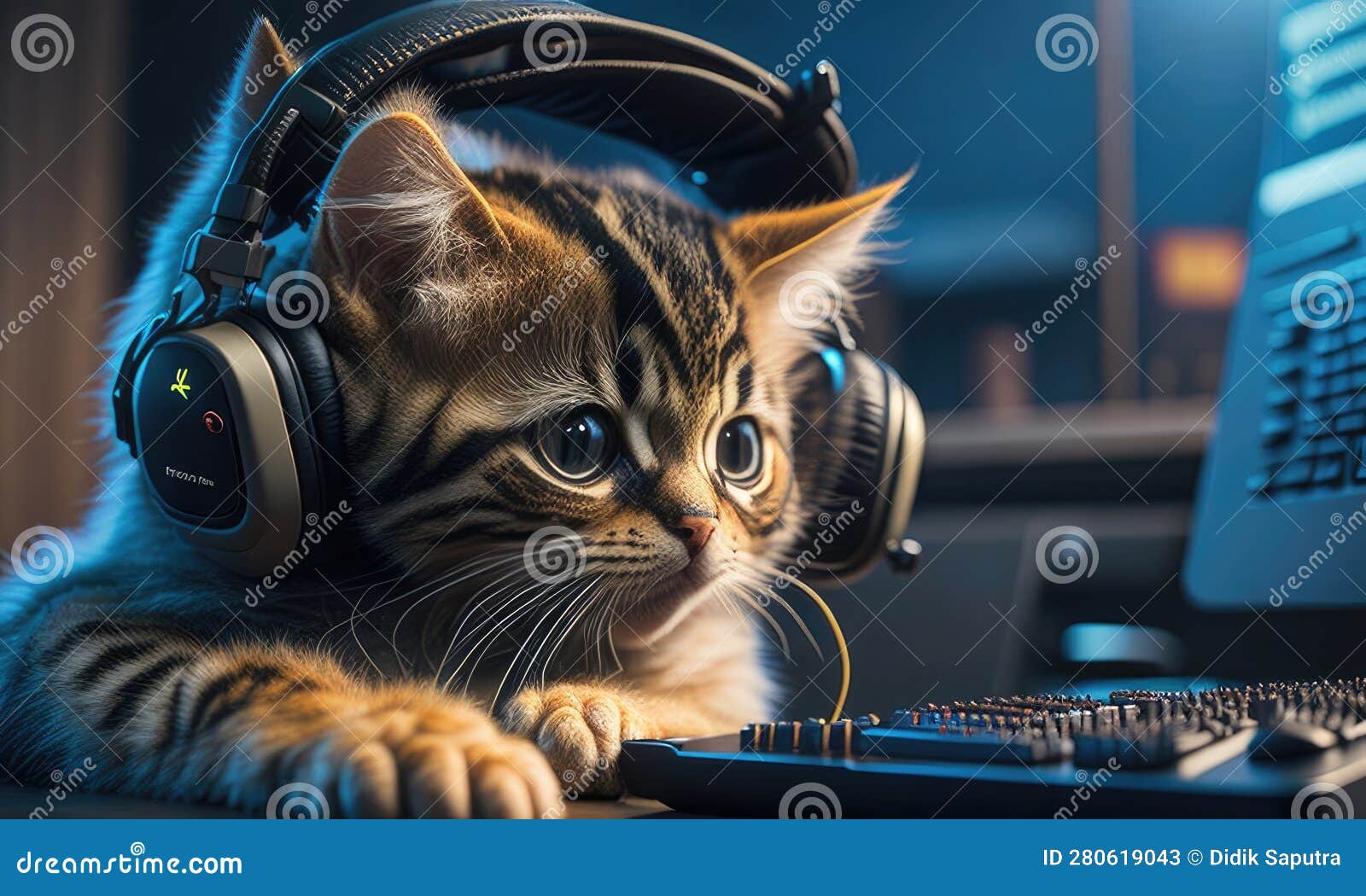 Cute Kitty Gamer Wearing Headphones Sitting at the Computer Stock ...