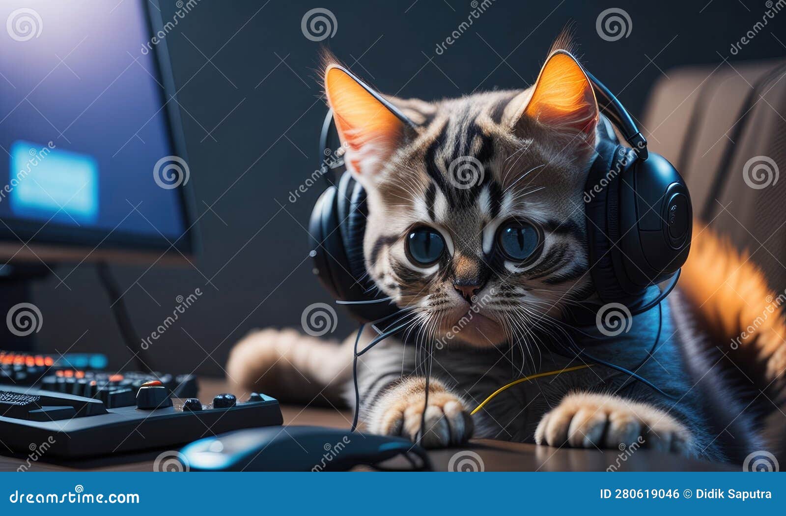 Cute Kitty Gamer Wearing Headphones Sitting at the Computer Stock ...