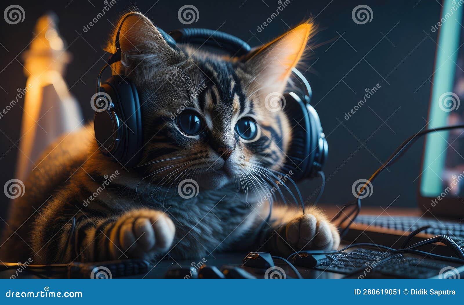 Cute Kitty Gamer Wearing Headphones Sitting at the Computer Stock ...