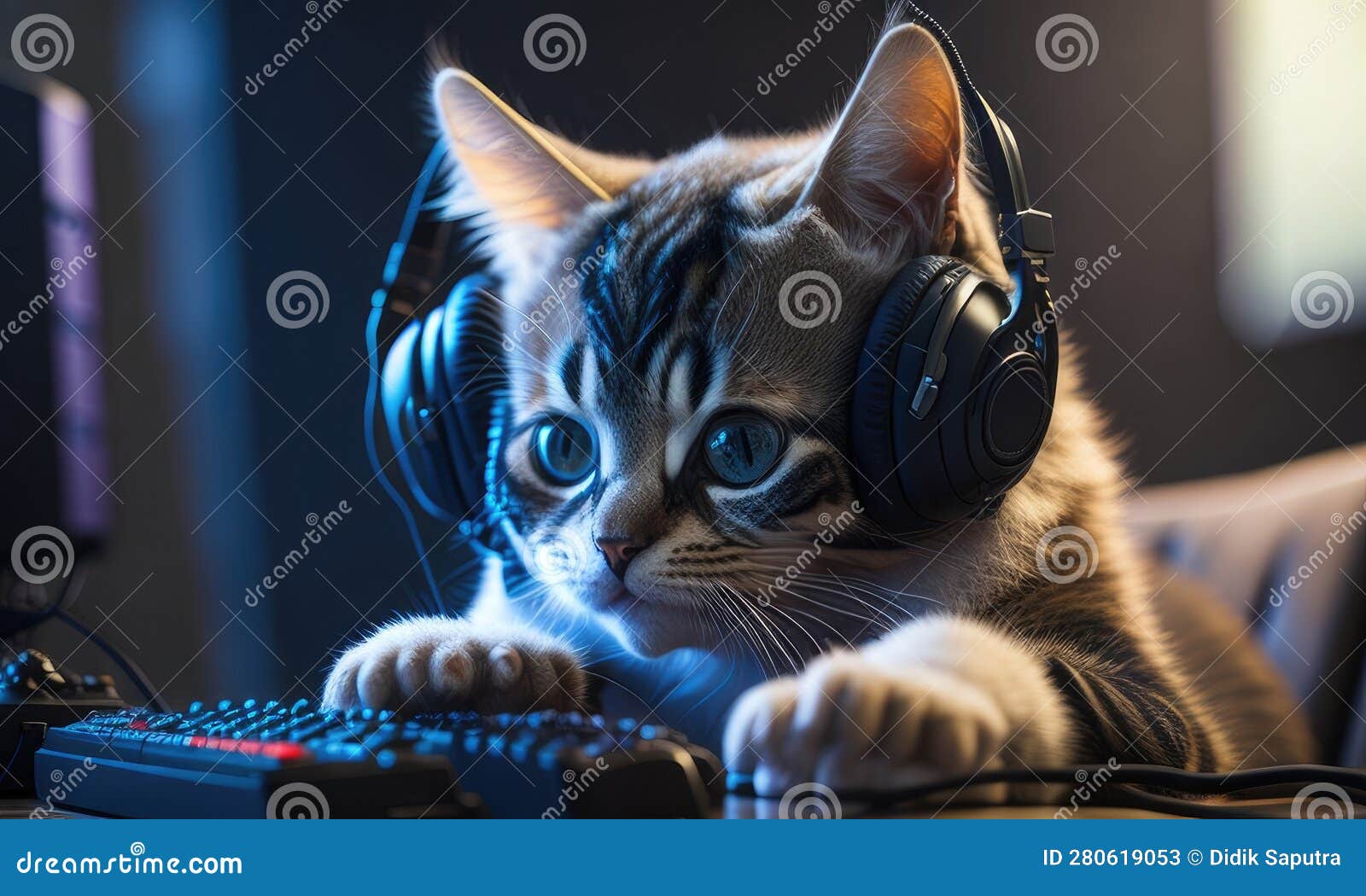 Cute Kitty Gamer Wearing Headphones Sitting at the Computer Stock ...