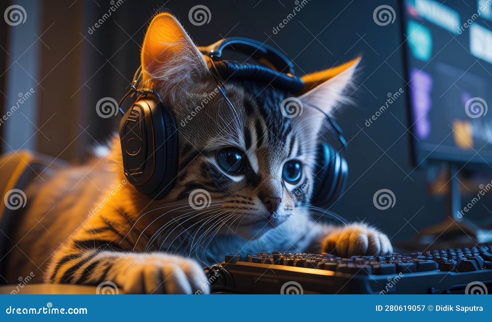 Cute Kitty Gamer Wearing Headphones Sitting at the Computer Stock ...