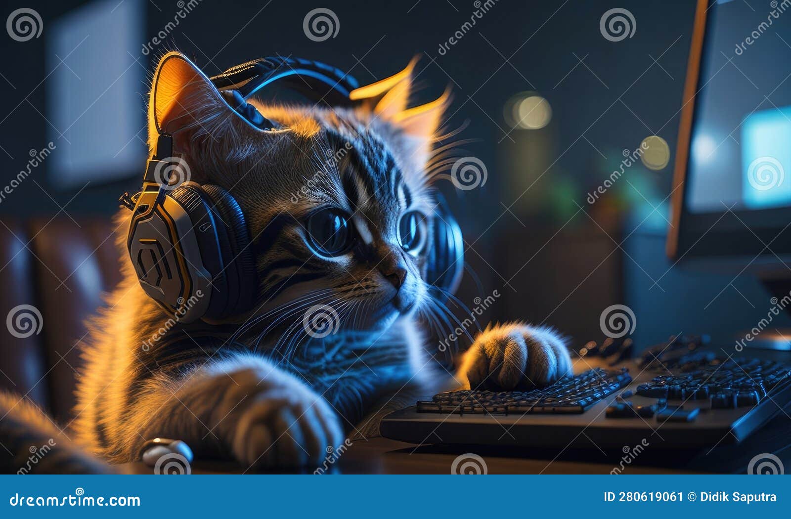 Cute Kitty Gamer Wearing Headphones Sitting at the Computer Stock ...