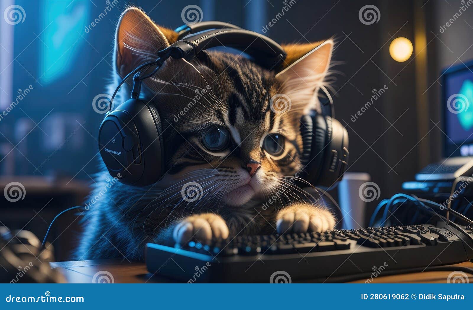 Cute Kitty Gamer Wearing Headphones Sitting at the Computer Stock ...