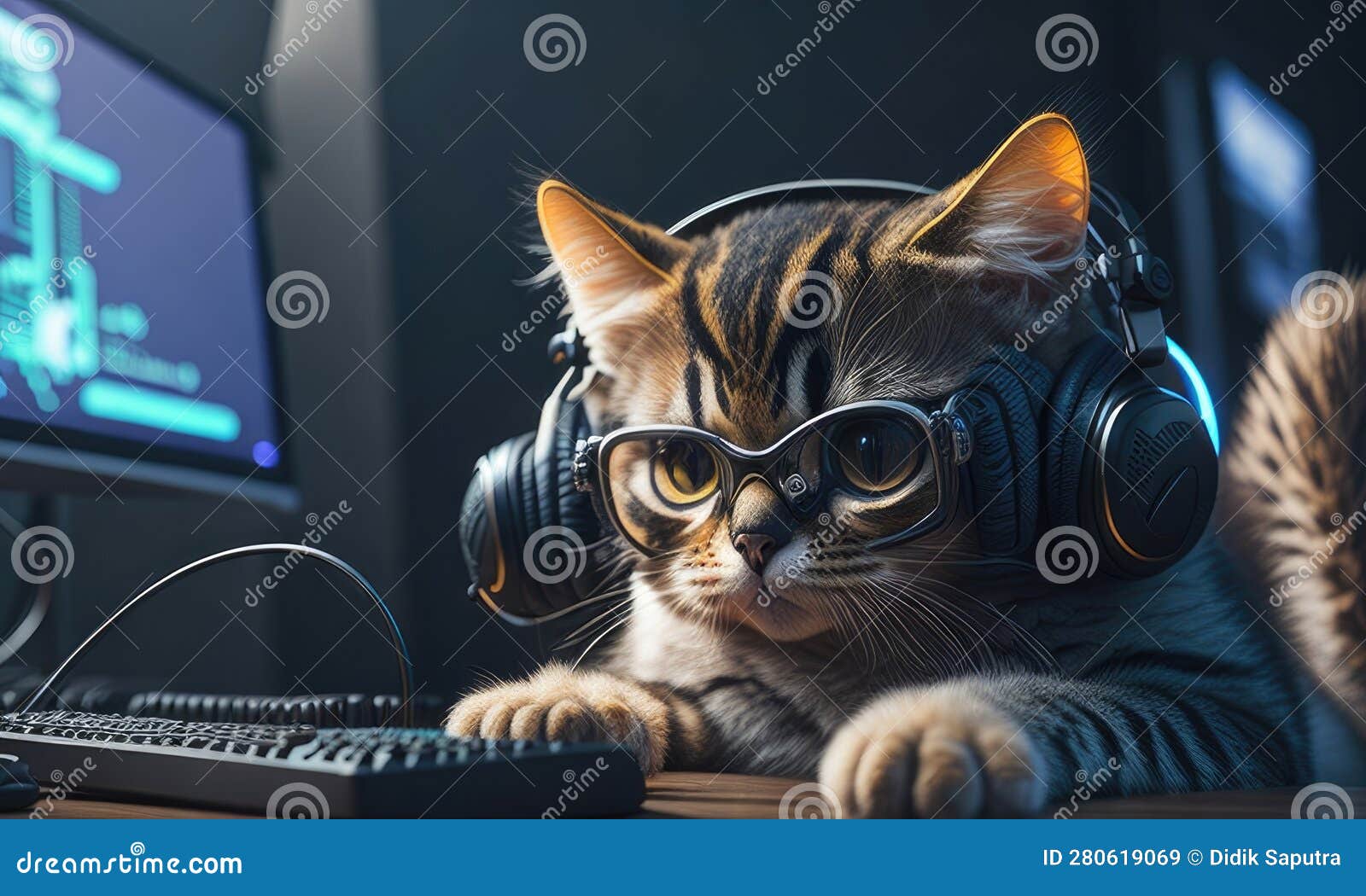 Cute Kitty Gamer Wearing Headphones Sitting at the Computer Stock ...