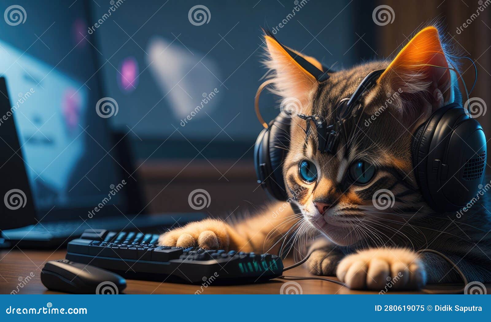 Cute Kitty Gamer Wearing Headphones Sitting at the Computer Stock ...