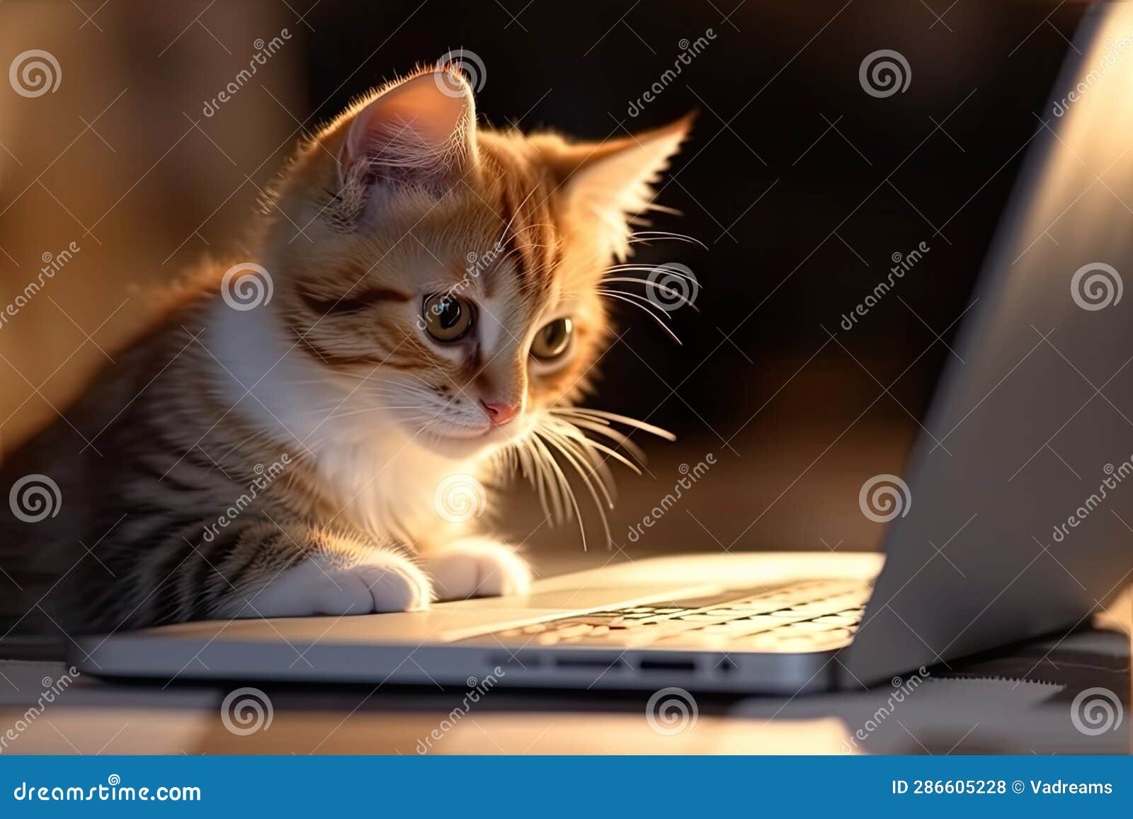 Cute Kitty at Laptop Computer. Small Cat Looking at the Screen of ...