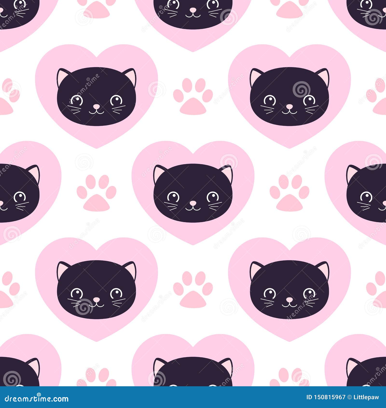 Cute Kitty Seamless Pattern, Cats and Hearts. Texture for Wallpapers, Fabric, Wrap, Web Page ...