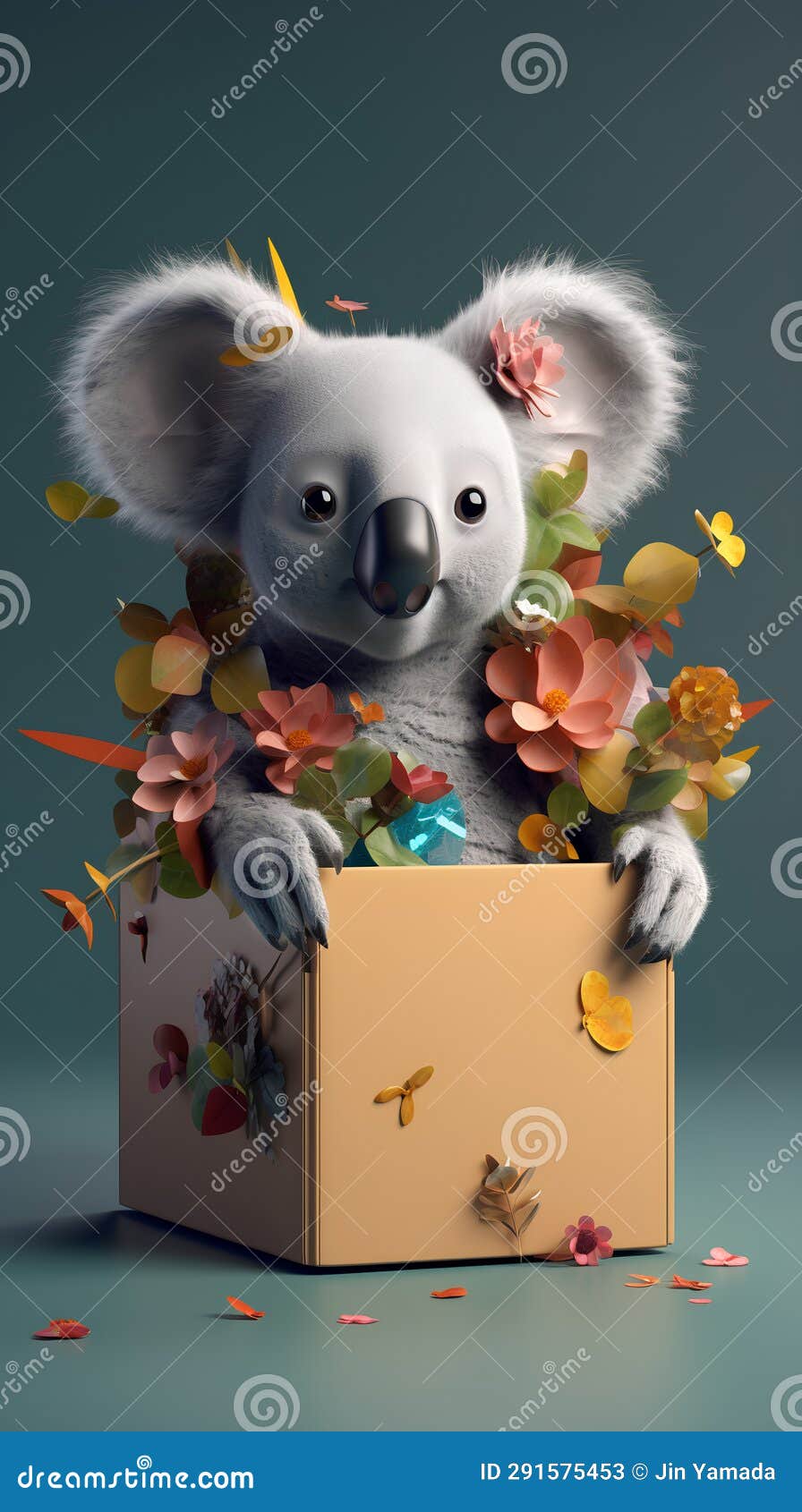 Cute Koala in a Box with Flowers. 3D Illustration Stock Illustration ...