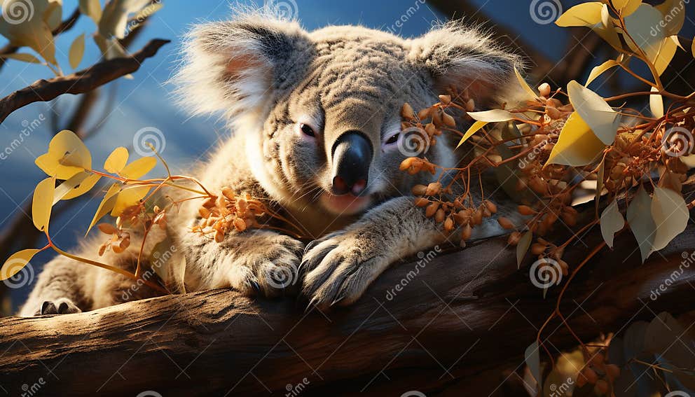 Cute Koala on Branch, Looking at Camera in Autumn Forest Generated by ...
