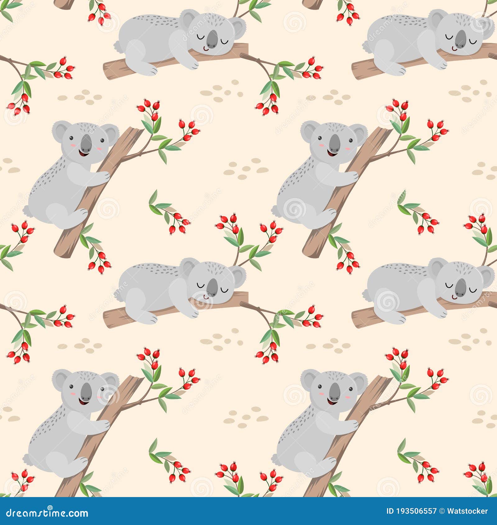 Cute Koala on Branch with Red Berry Seamless Pattern. Stock Vector ...