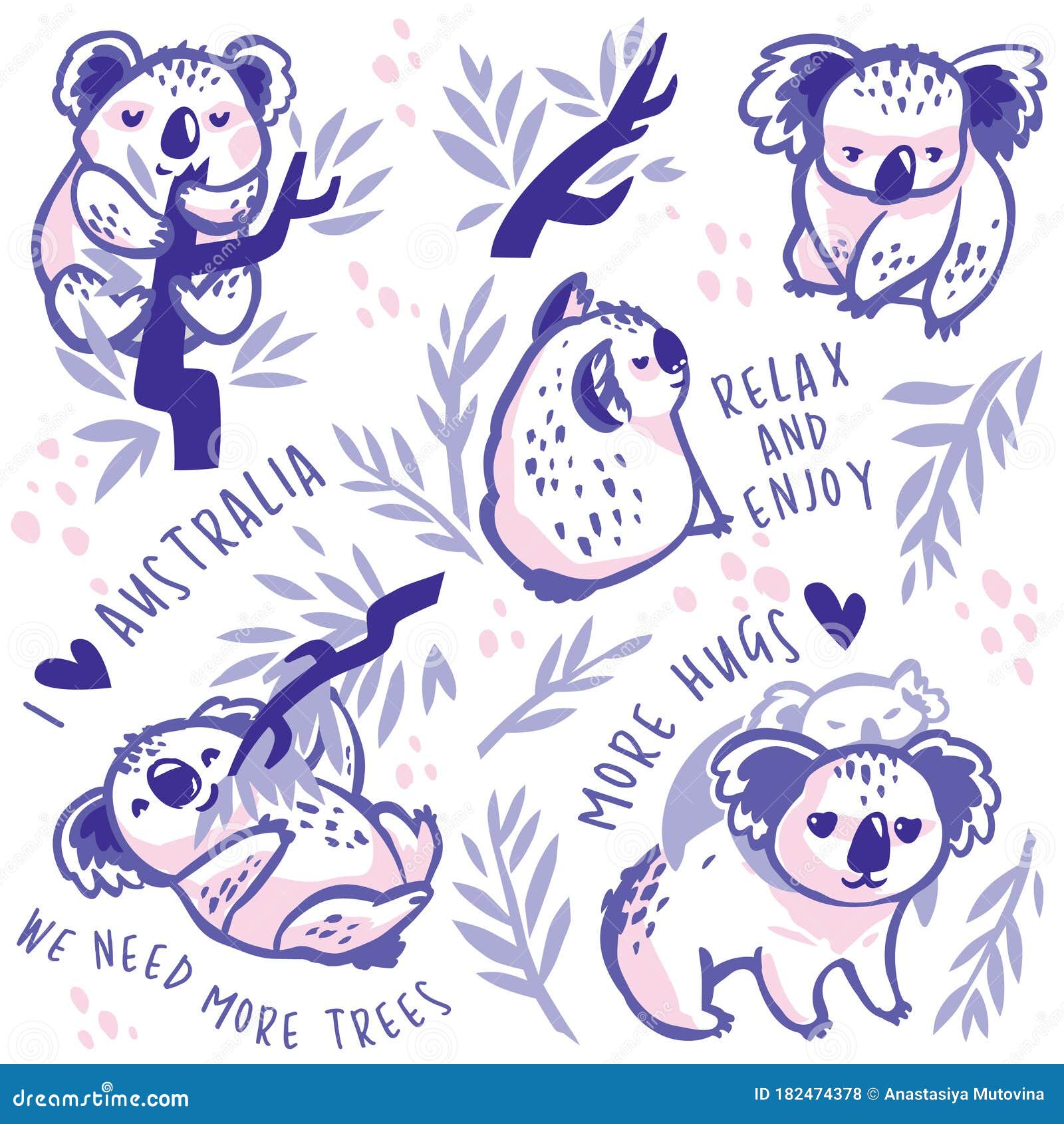 Koala Characters. Wild Bear Australia Cartoon Furry Animals Vector ...