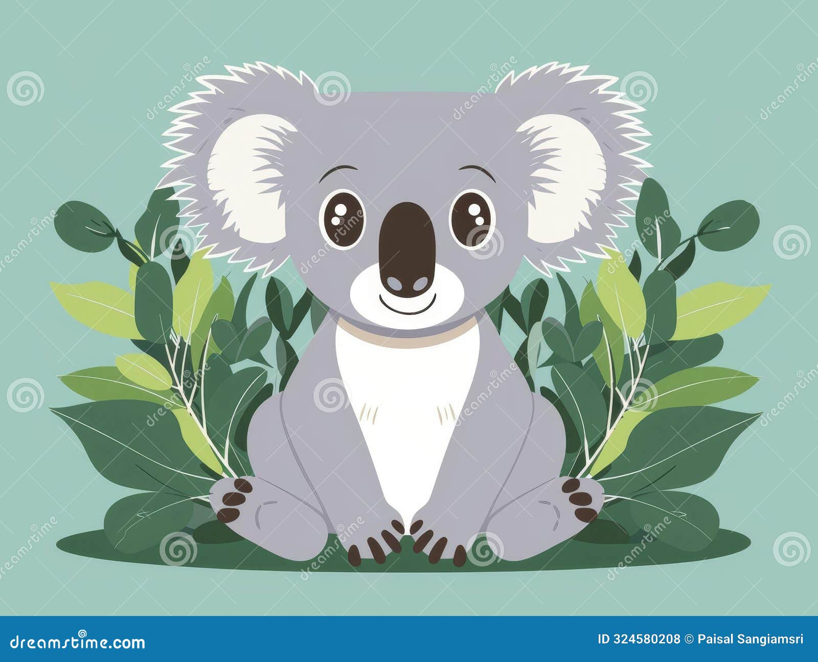 Cute Koala Flat Design Front View Eucalyptus Theme Cartoon Drawing ...